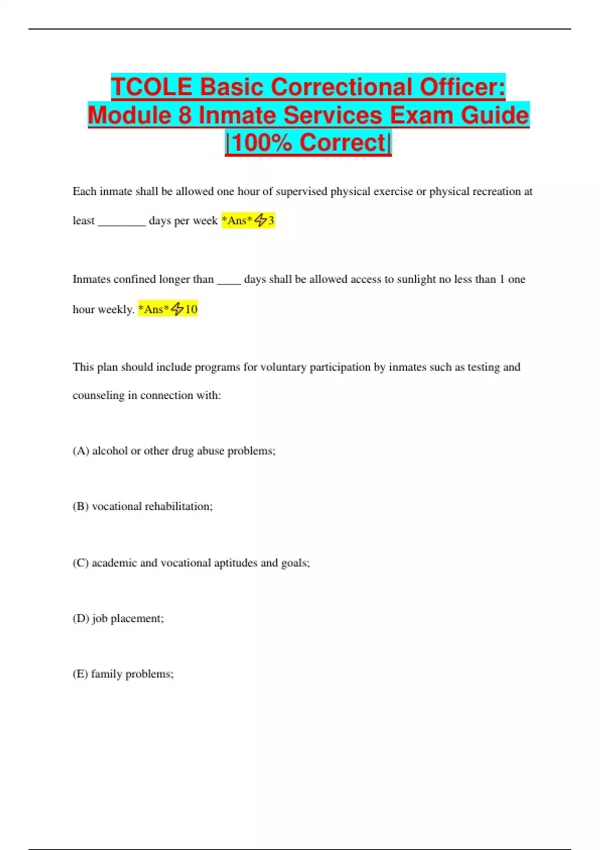 TCOLE Basic Correctional Officer: Module 8 Inmate Services Exam Guide ...