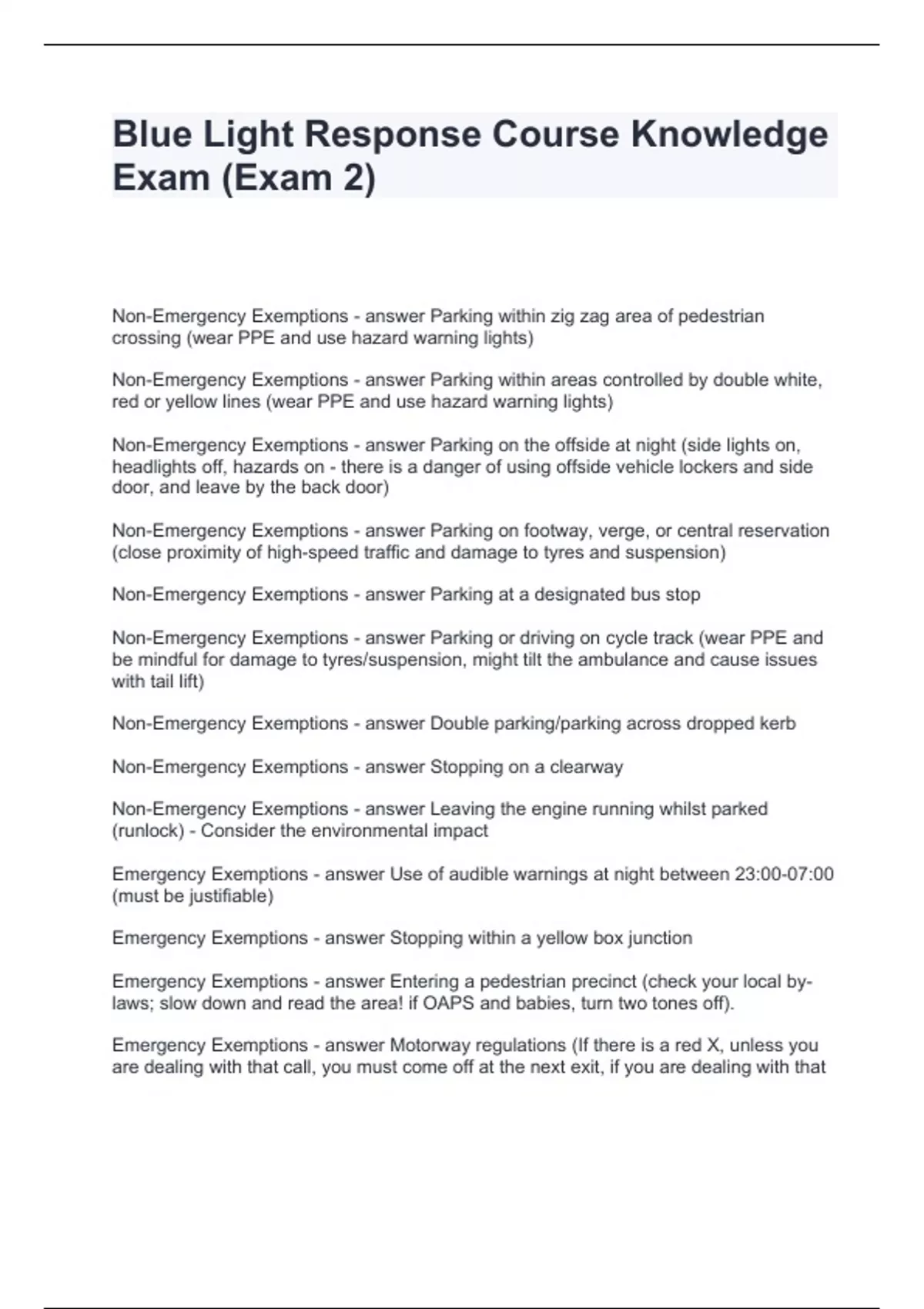 Blue Light Response Course Knowledge Exam (Exam 2) Questions with ...