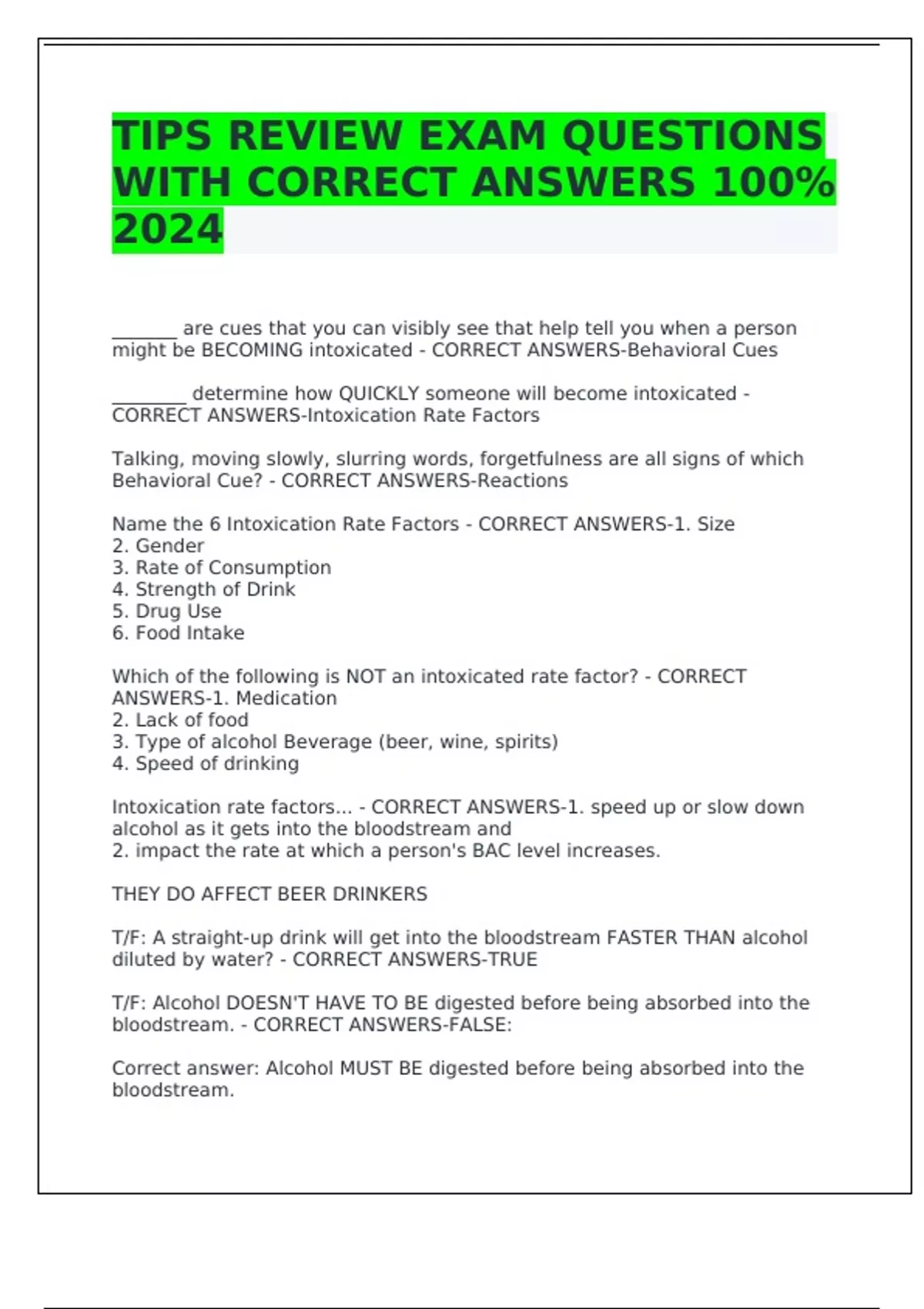 TIPS REVIEW EXAM QUESTIONS WITH CORRECT ANSWERS 100% 2024 - Tips ...