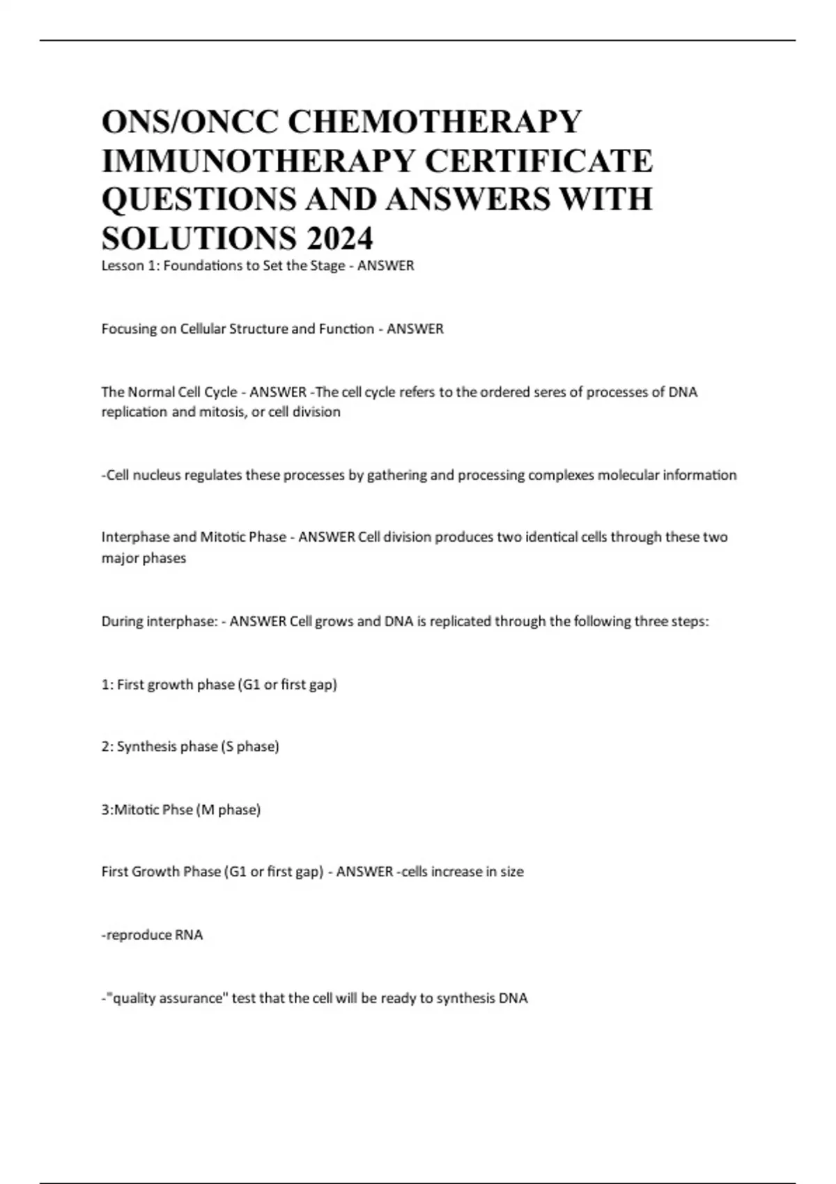ONS/ONCC CHEMOTHERAPY IMMUNOTHERAPY CERTIFICATE QUESTIONS AND ANSWERS ...