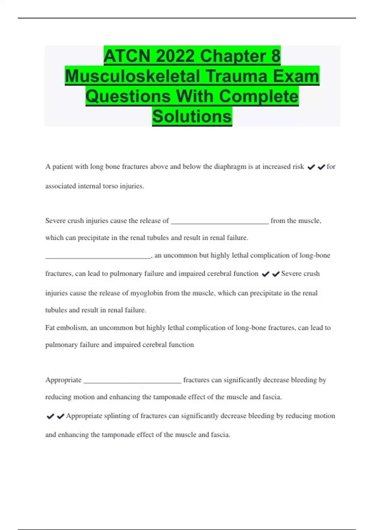 ATCN 2022 Chapter 8 Musculoskeletal Trauma Exam Questions With Complete ...