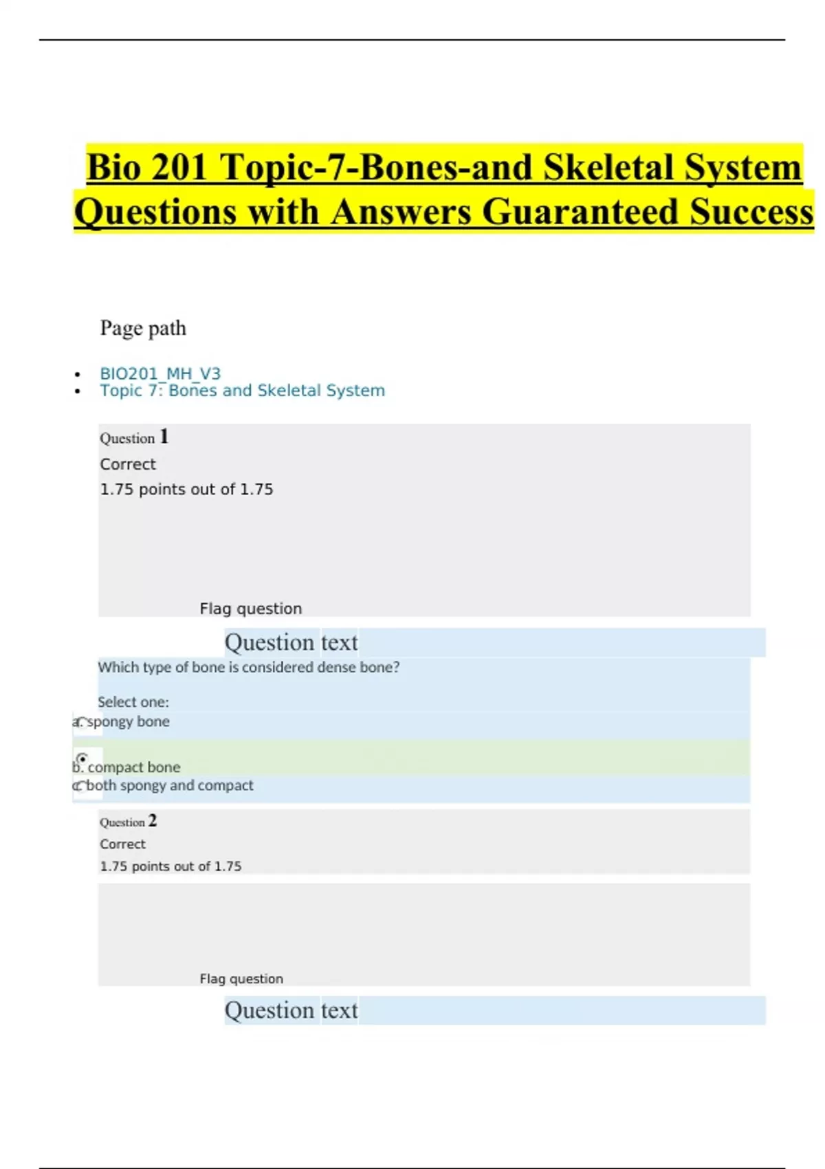 Bio 201 Topic-7-Bones-and Skeletal System Questions with Answers ...