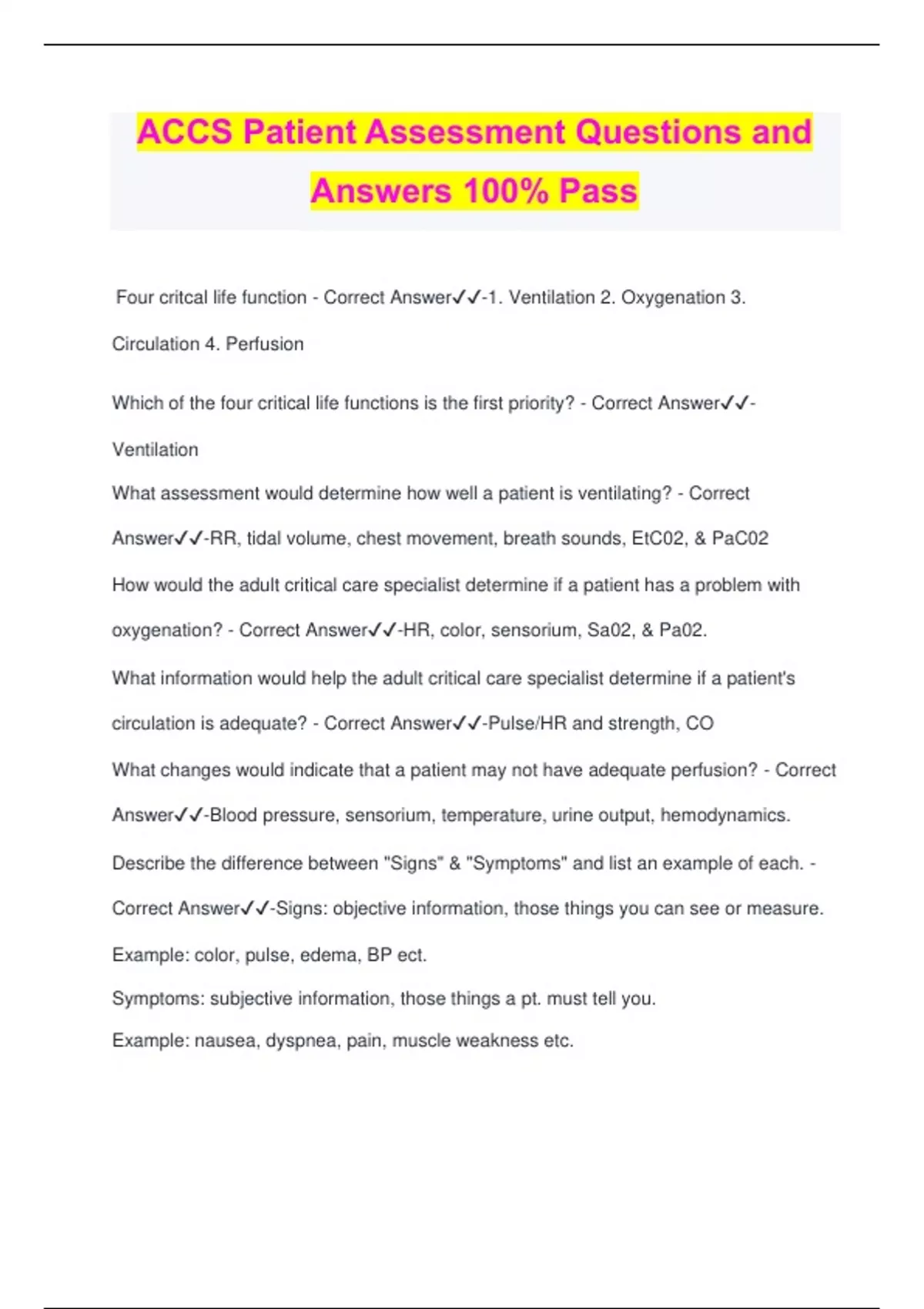 ACCS Patient Assessment Questions and Answers 100% Pass - ACCS - Stuvia US