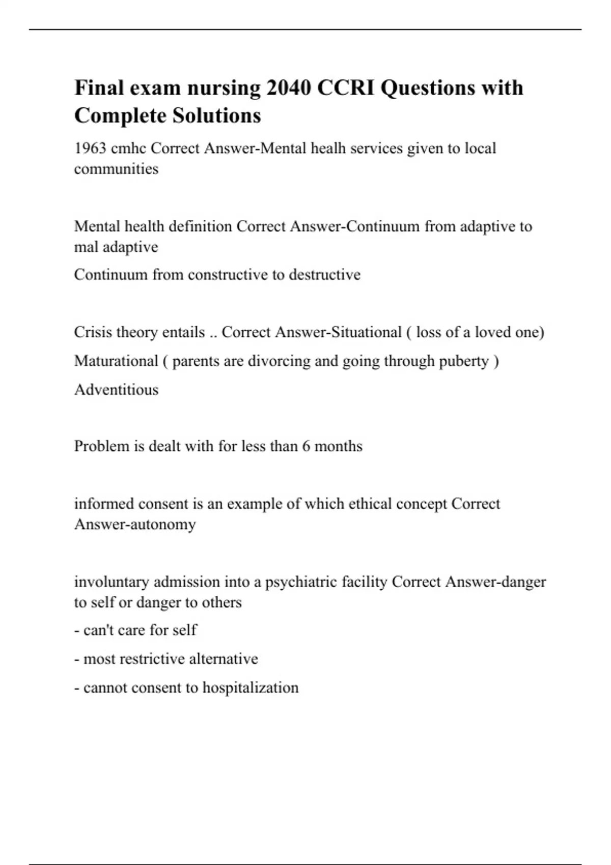 Final exam nursing 2040 CCRI Questions with Complete Solutions - Nurs 2040 - Stuvia US