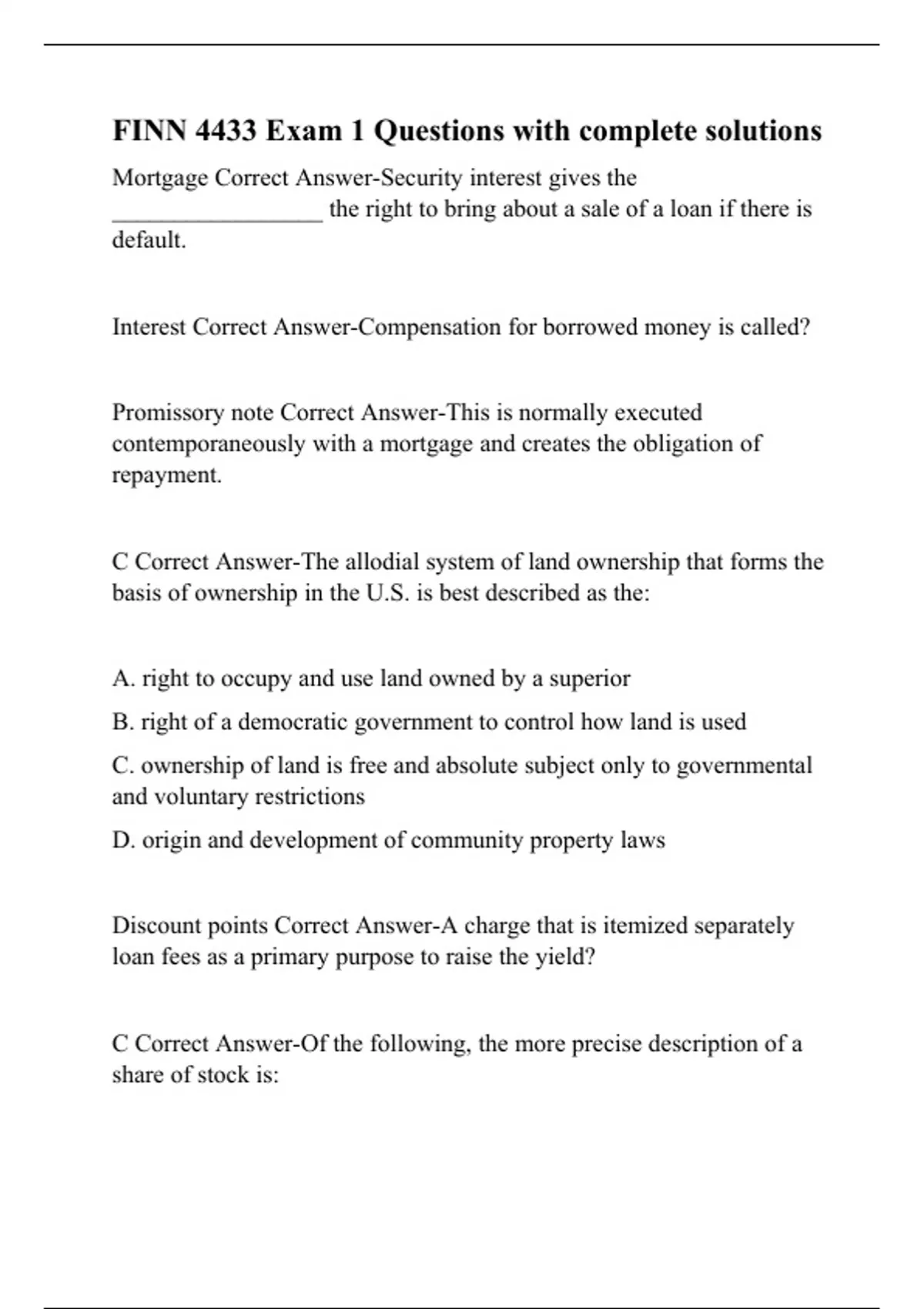 FINN 4433 Exam 1 Questions with complete solutions - FINN 4433 - Stuvia US