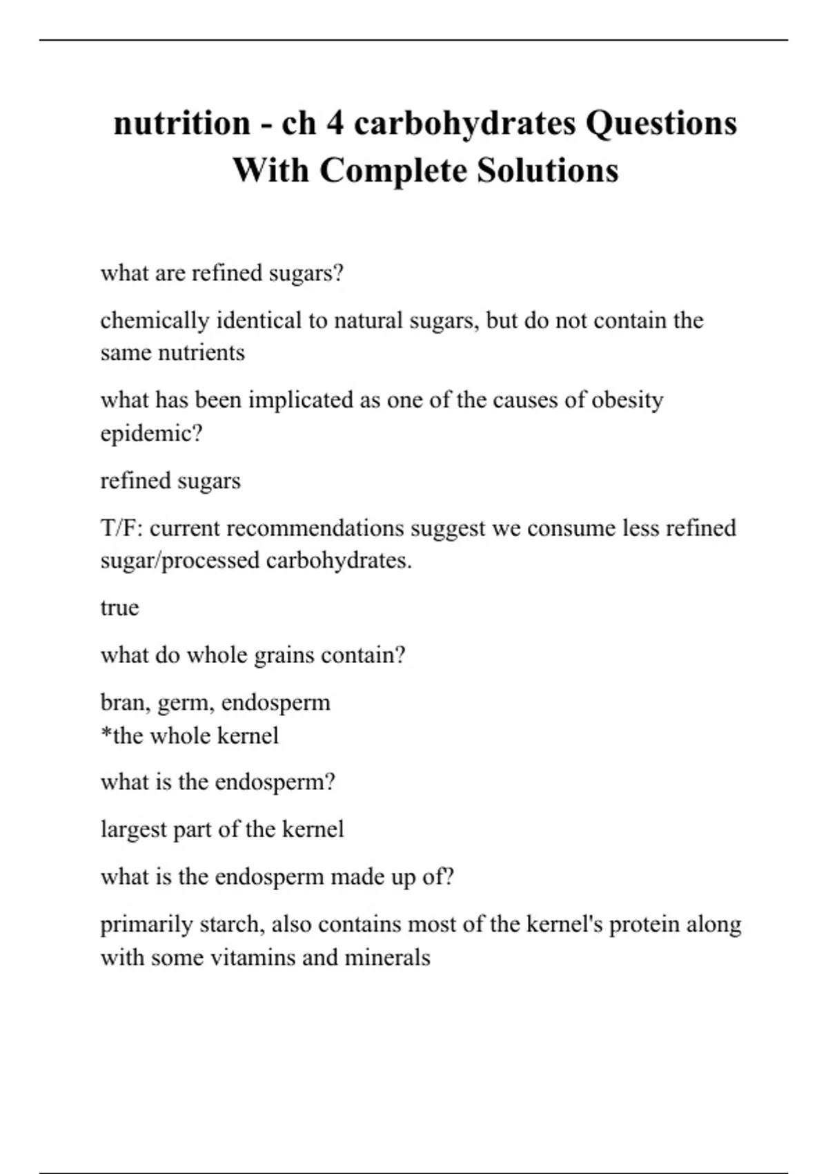 nutrition - ch 4 carbohydrates Questions With Complete Solutions ...