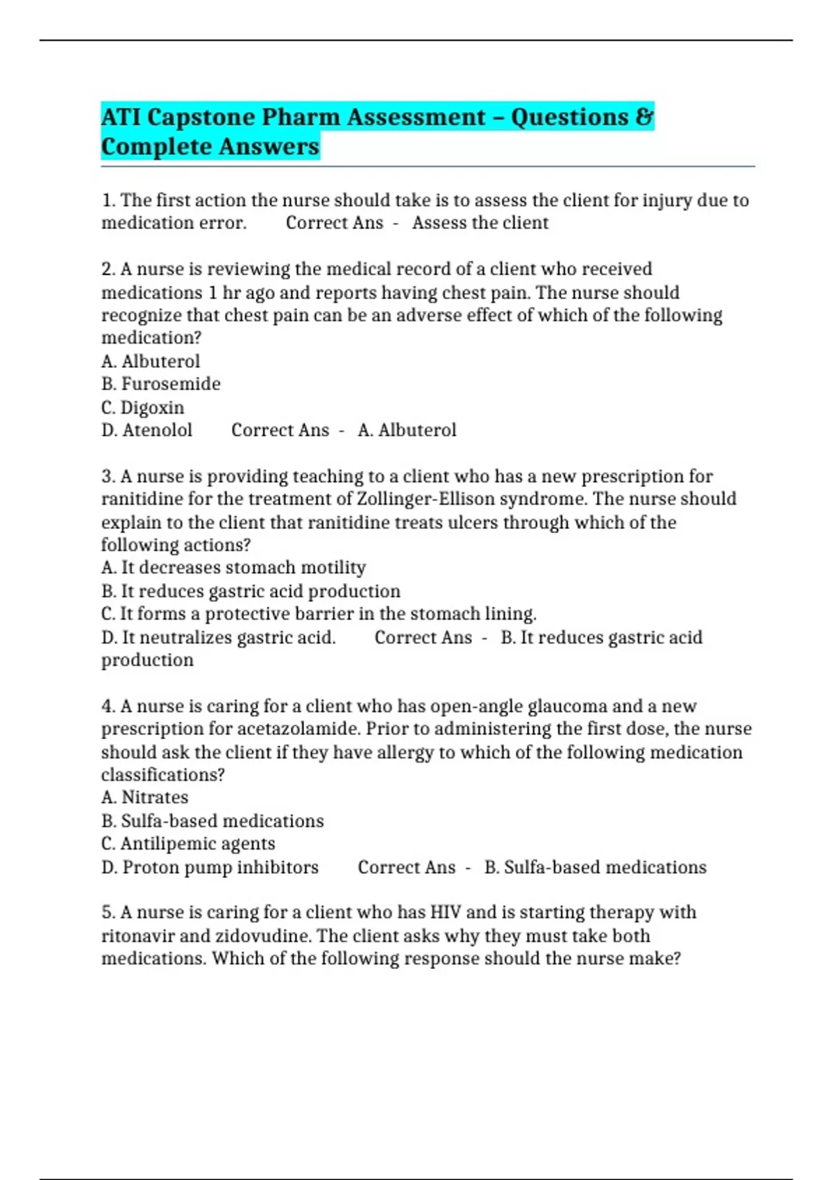 ATI Capstone Pharm Assessment – Questions & Complete Answers - ATI ...