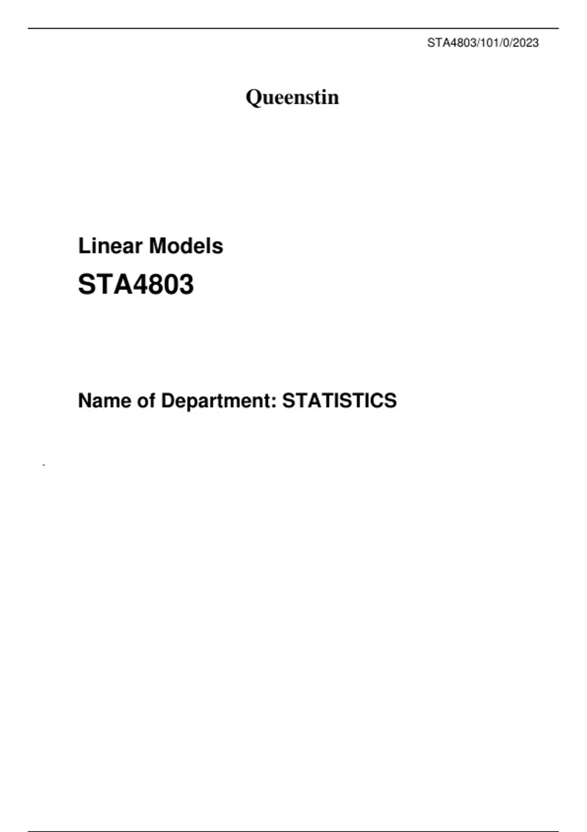 Linear Models STA4803 Name of Department: STATISTICS - Statitics ...