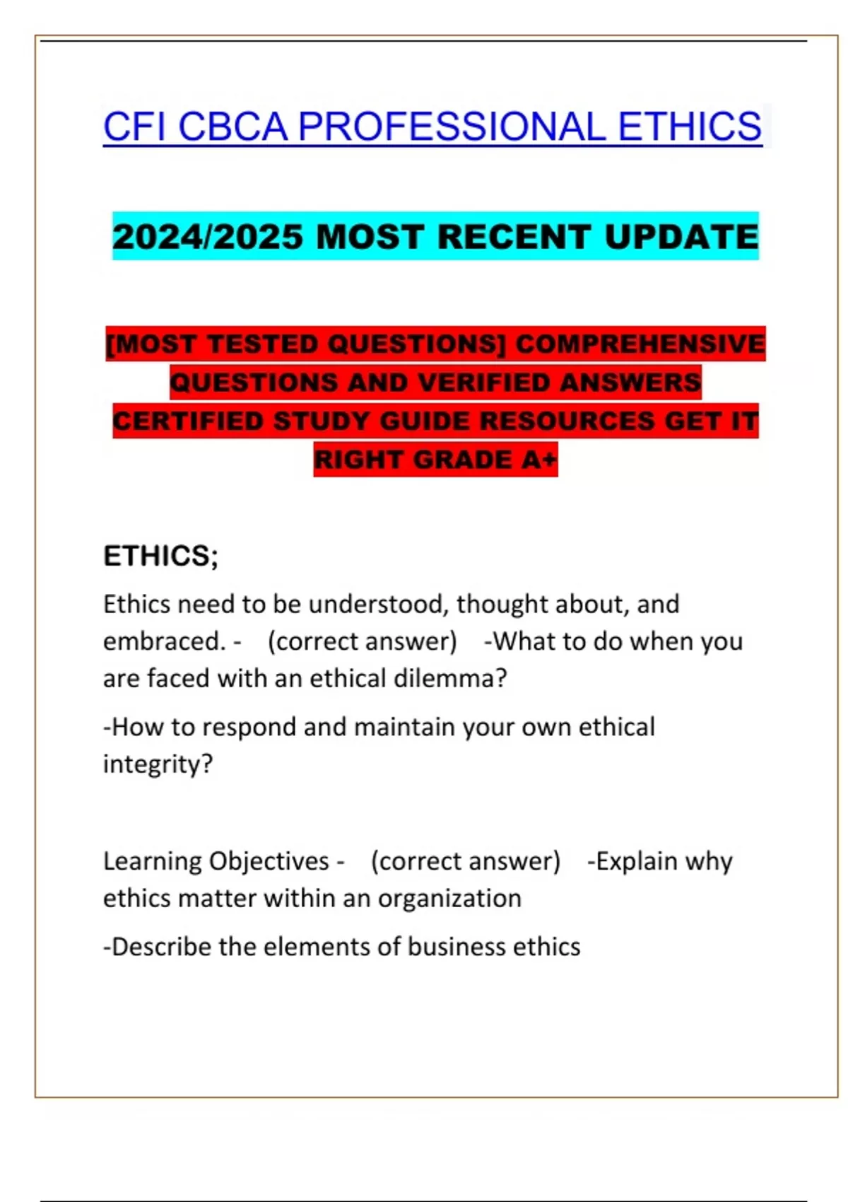 CFI CBCA PROFESSIONAL ETHICS 2024/2025 MOST RECENT UPDATE [MOST TESTED ...