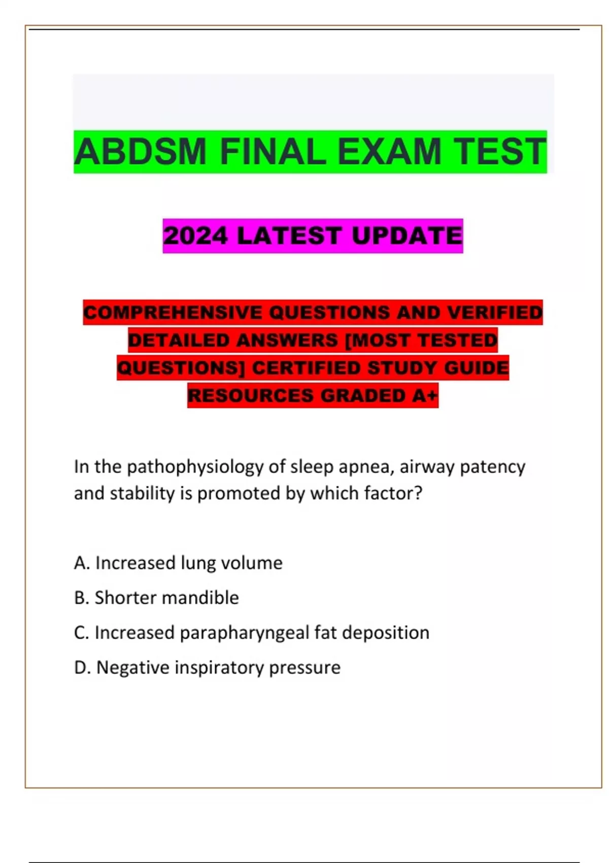 ABDSM FINAL EXAM TEST 2024 LATEST UPDATE COMPREHENSIVE QUESTIONS AND ...