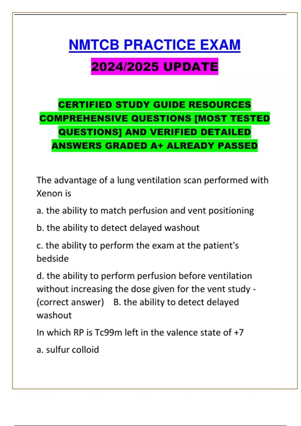NMTCB PRACTICE EXAM 2024/2025 UPDATE CERTIFIED STUDY GUIDE RESOURCES ...
