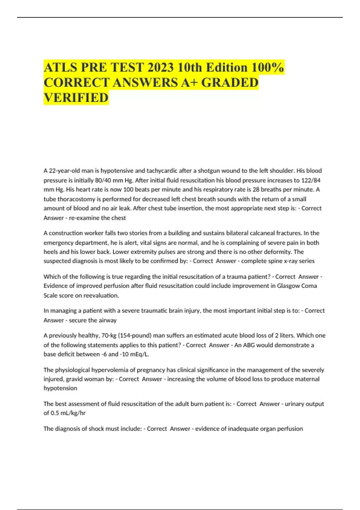 Atls Pre Test 2023 10th Edition 100 Correct Answers A Graded Verified Atls Stuvia Us