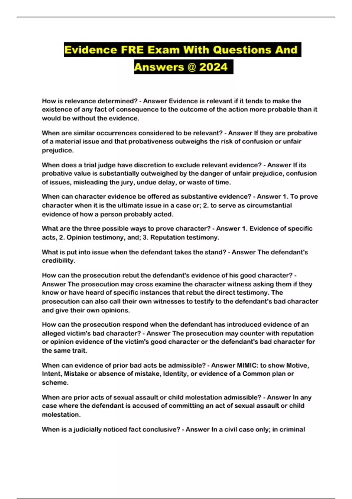 Evidence FRE Exam With Questions And Answers @ 2024 - Evidence FRE ...