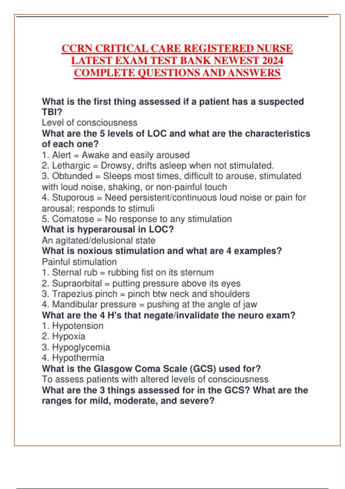 CCRN CRITICAL CARE REGISTERED NURSE LATEST EXAM TEST BANK NEWEST 2024 ...