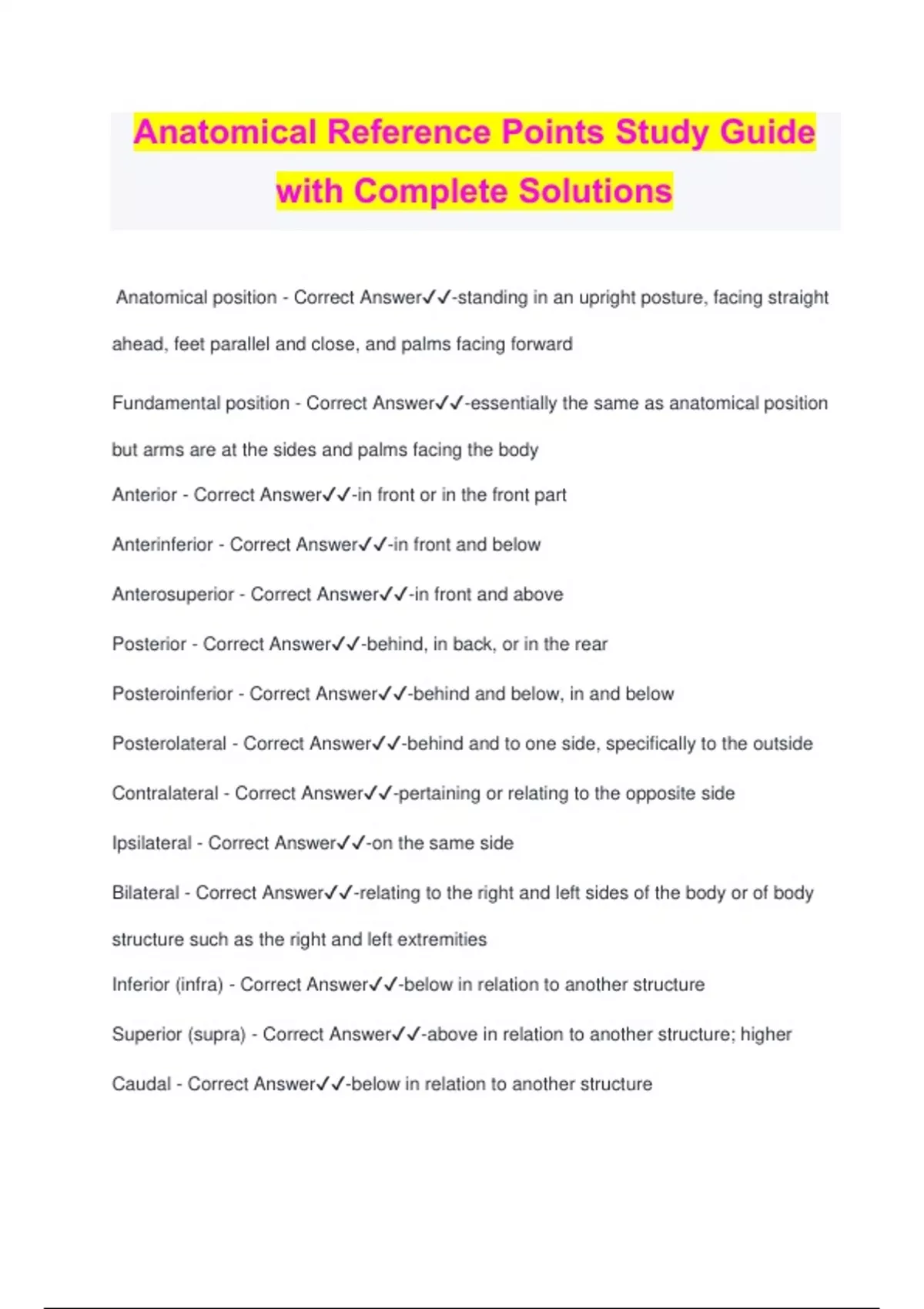Anatomical Reference Points Study Guide with Complete Solutions ...