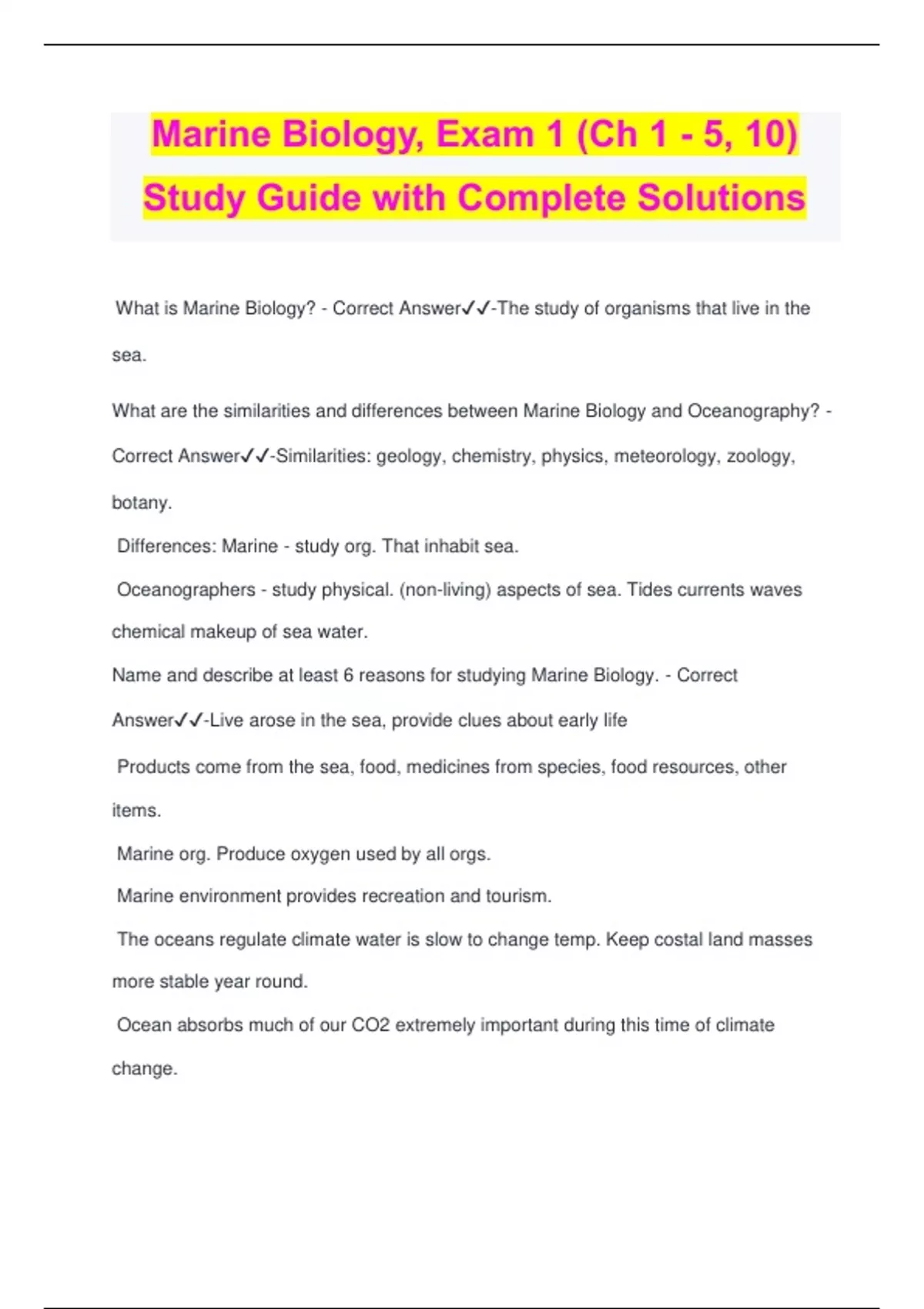 Marine Biology, Exam 1 (Ch 1 - 5, 10) Study Guide with Complete ...