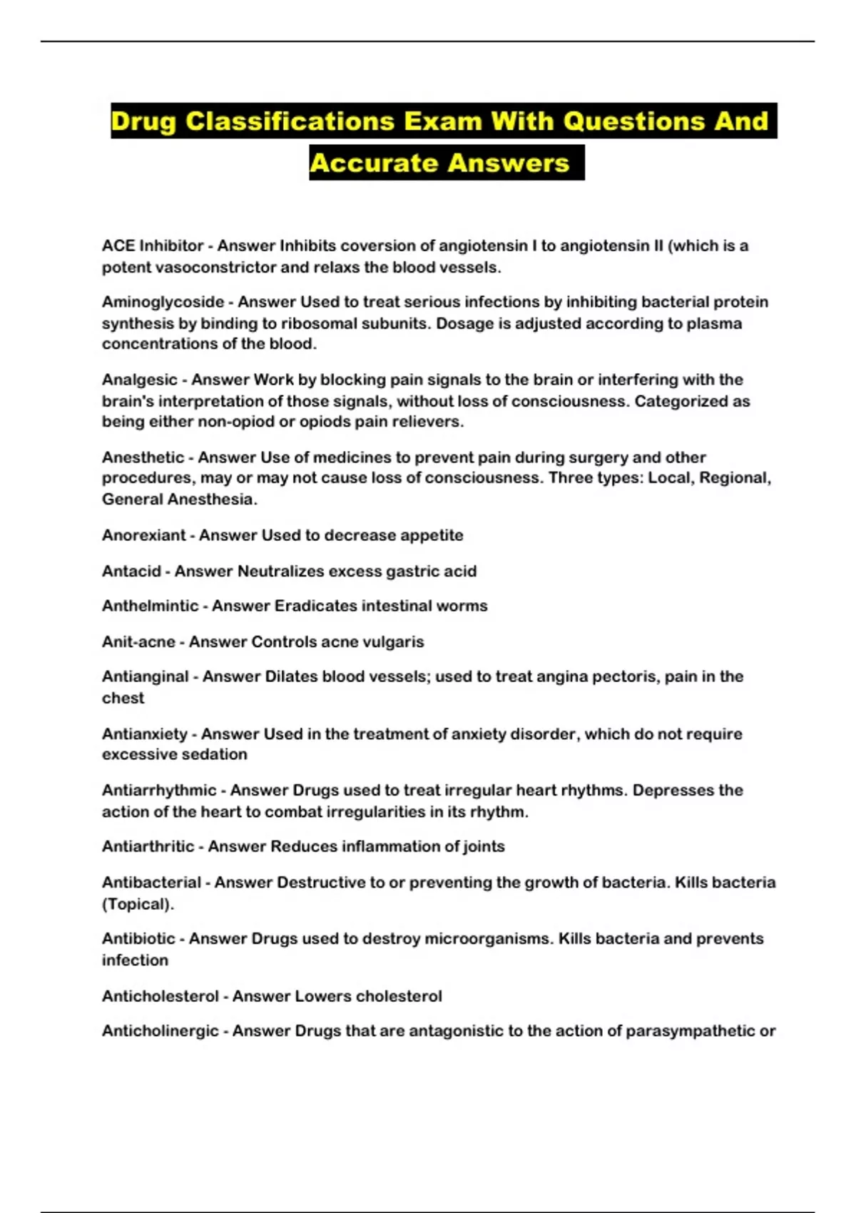 Drug Classifications Exam With Questions And Accurate Answers - Drug Classifications - Stuvia US