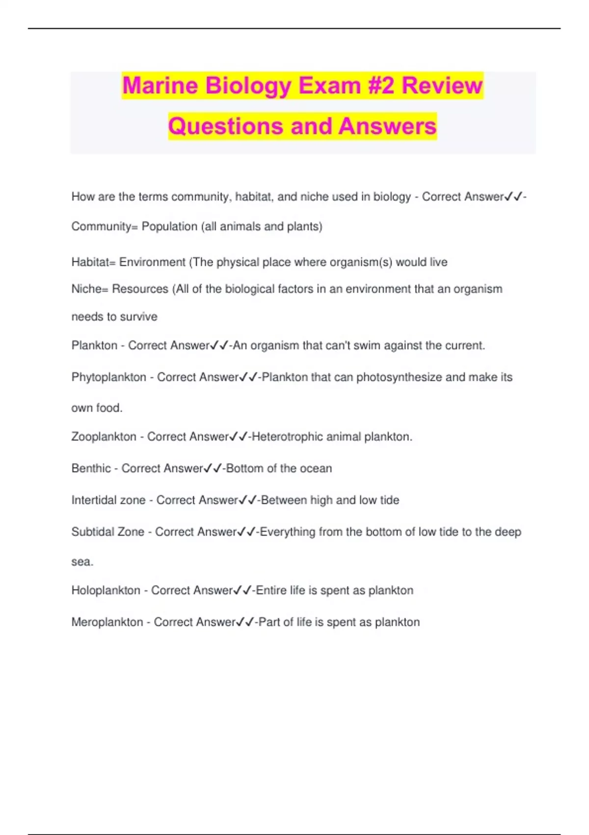 Marine Biology Exam #2 Review Questions and Answers - Marine Biology ...