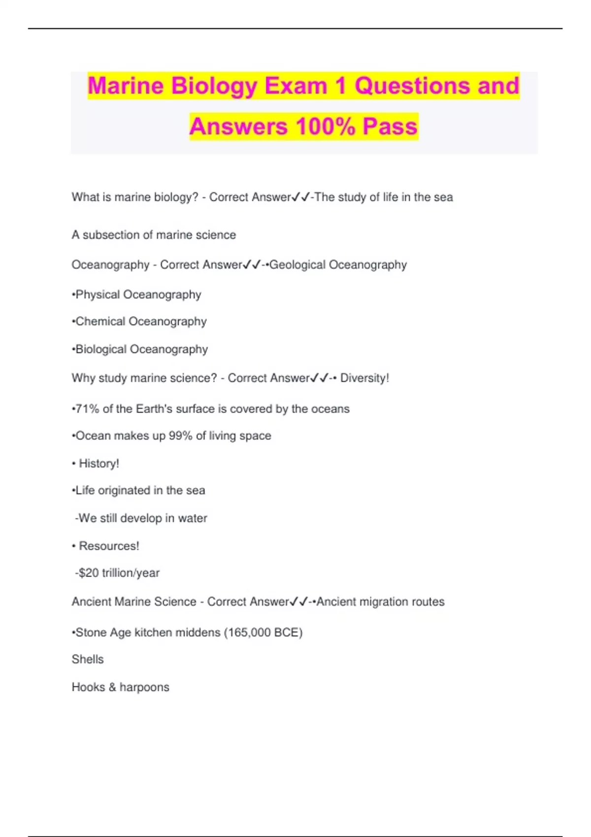 Marine Biology Exam 1 Questions and Answers 100% Pass - Marine Biology ...