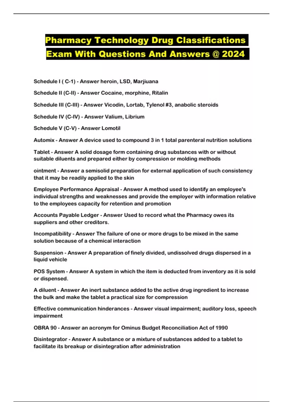 Pharmacy Technology Drug Classifications Exam With Questions And ...