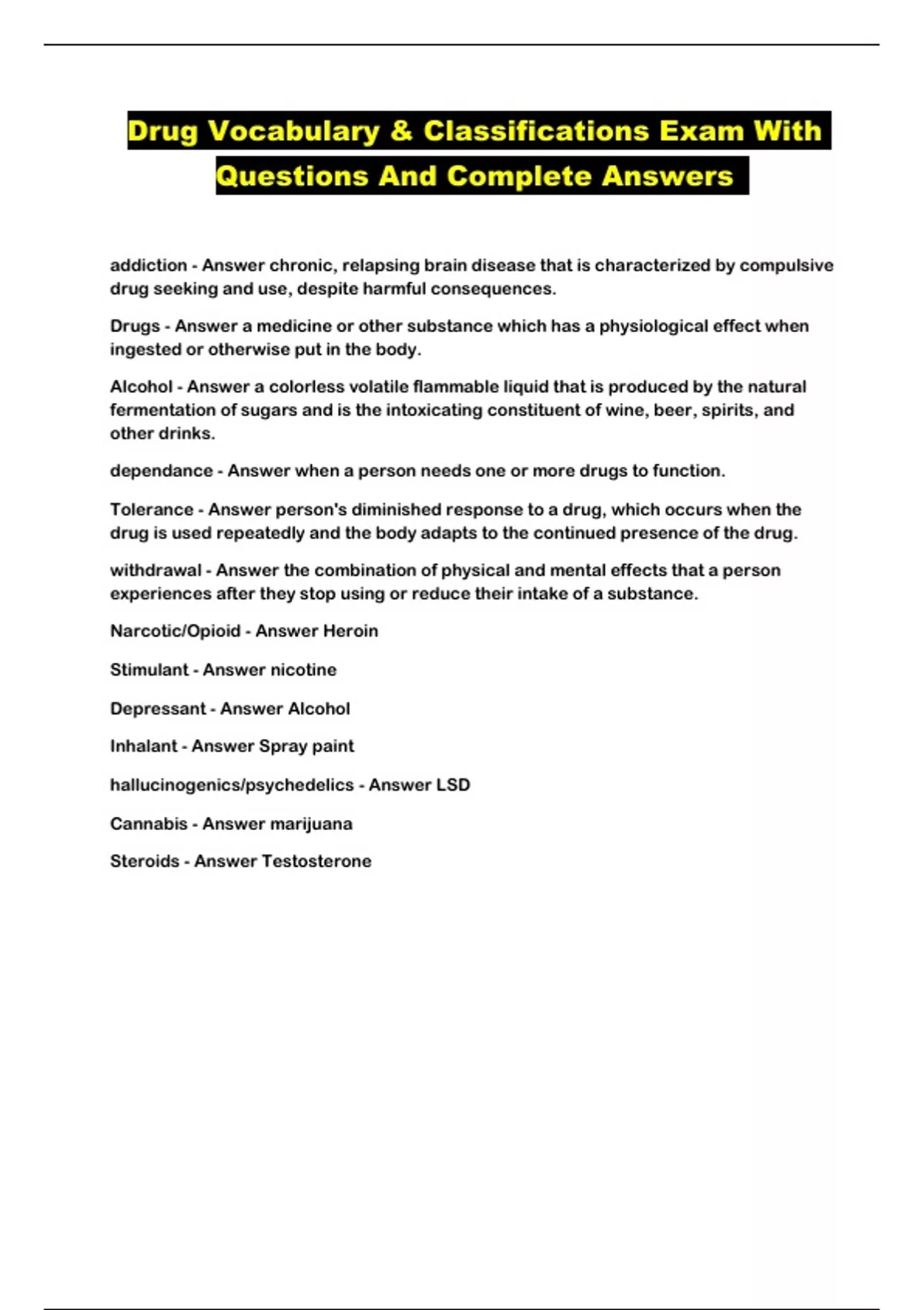 Drug Vocabulary & Classifications Exam With Questions And Complete Answers - Drug Vocabulary ...