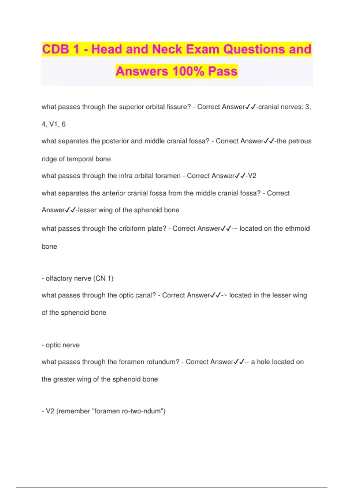 CDB 1 - Head and Neck Exam Questions and Answers 100% Pass - CDB ...