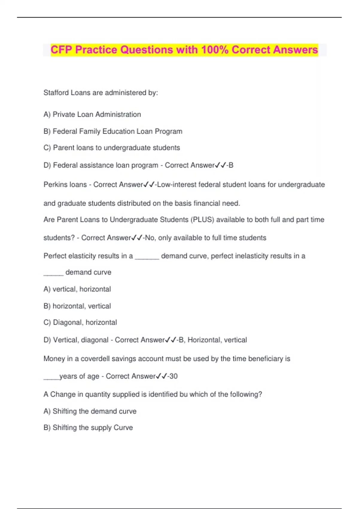 CFP Practice Questions with 100% Correct Answers - CFP - Certified Financial Planner - Stuvia US