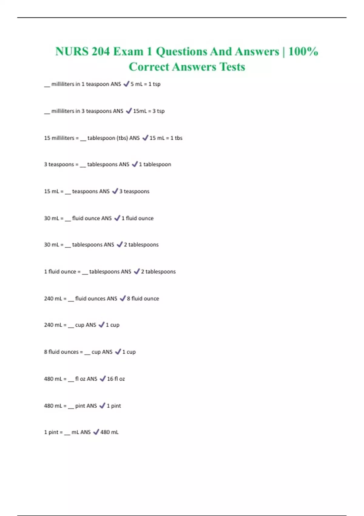 NURS 204 Exam 1 Questions And Answers | 100% Correct Answers Tests ...