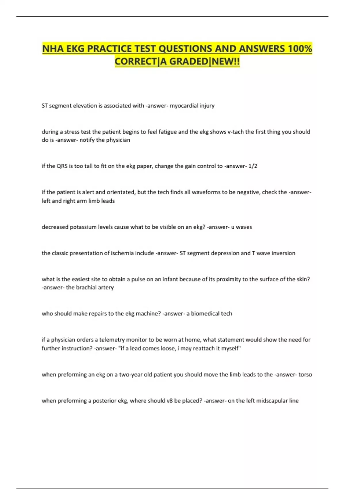 NHA EKG PRACTICE TEST QUESTIONS AND ANSWERS 100% CORRECT|A GRADED|NEW ...