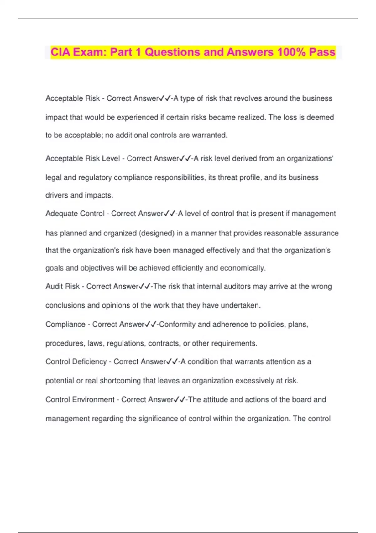 CIA Exam: Part 1 Questions and Answers 100% Pass - CIA - Stuvia US