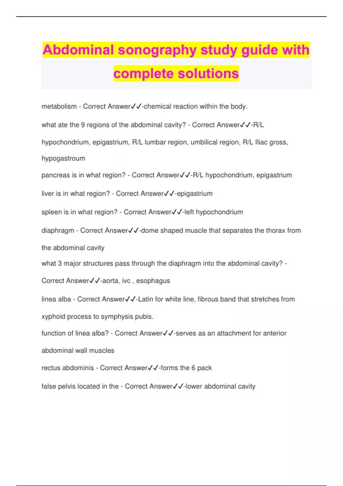 Abdominal sonography study guide with complete solutions - Sonography ...