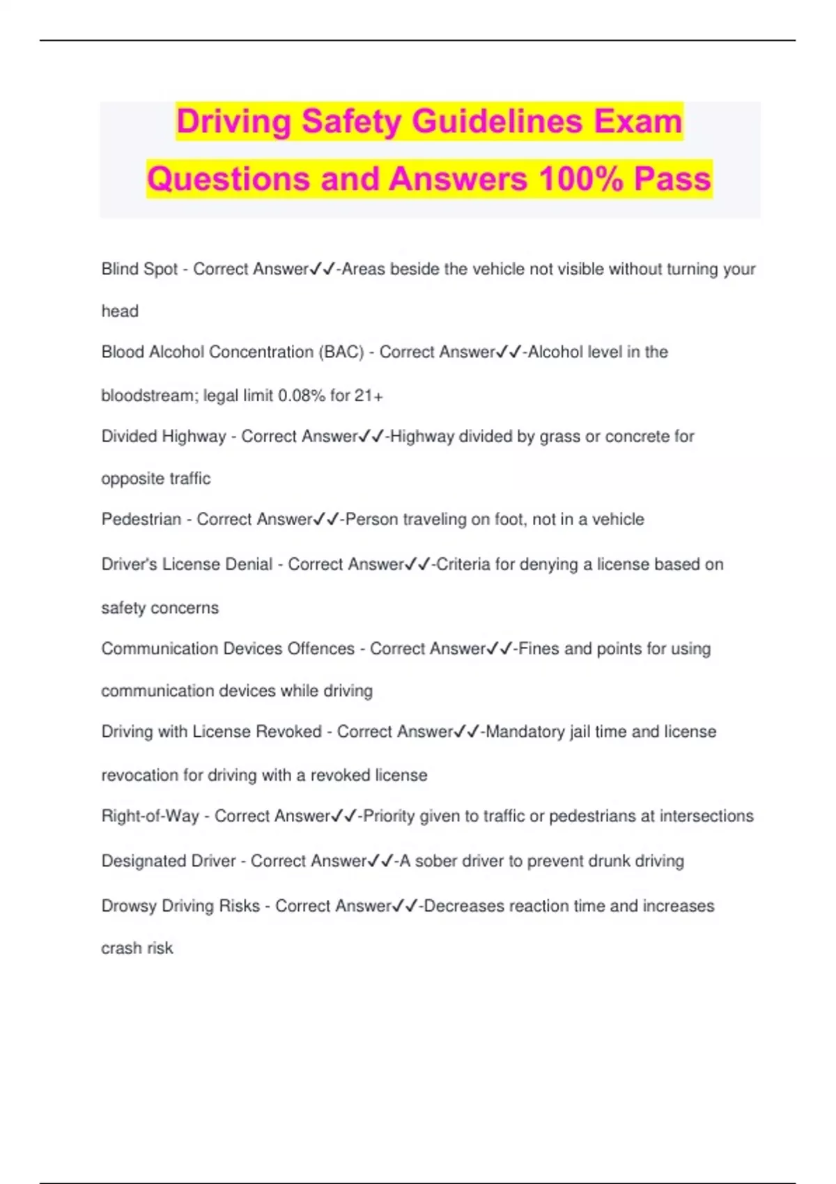 Driving Safety Guidelines Exam Questions and Answers 100% Pass ...