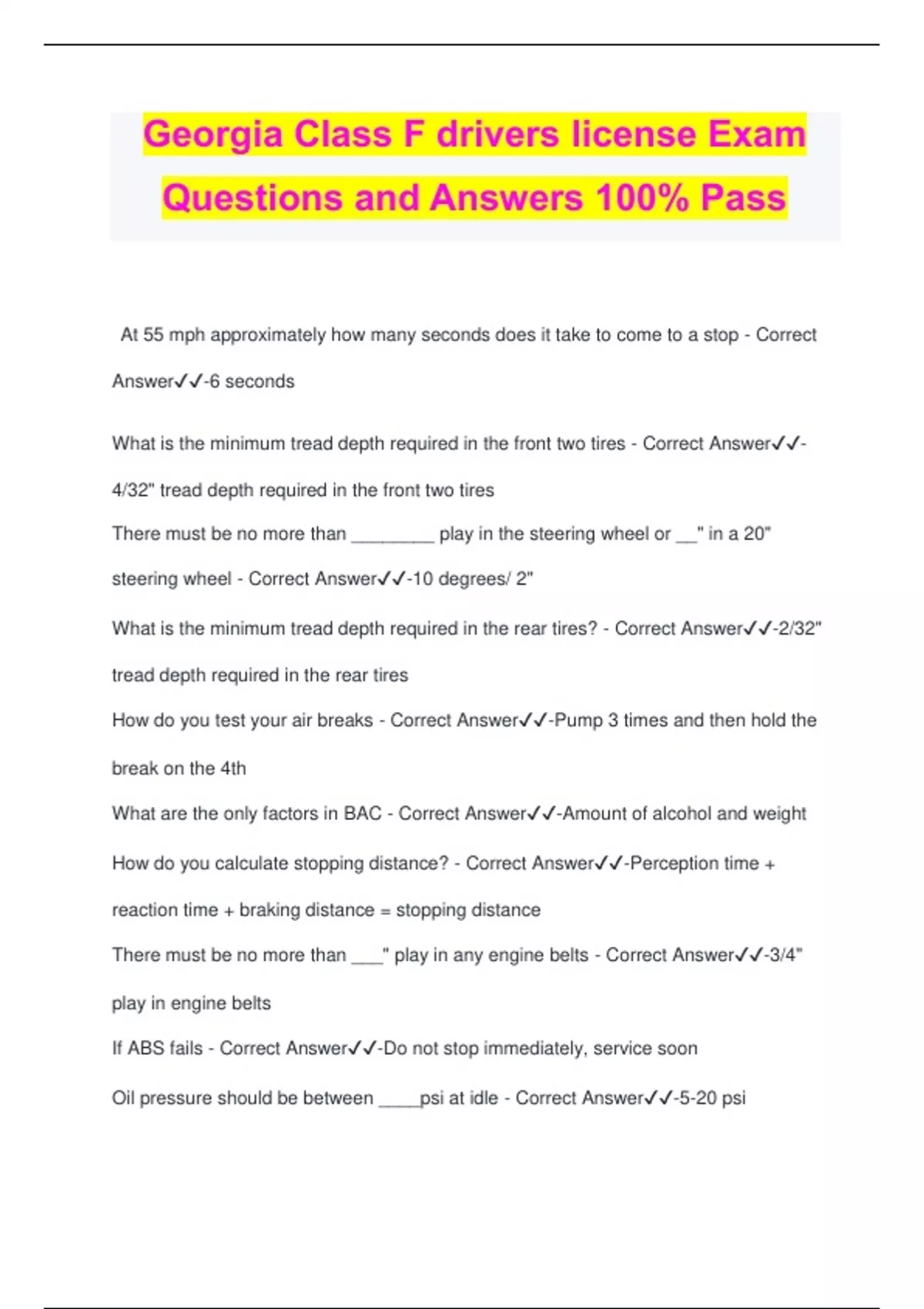 Georgia Class F drivers license Exam Questions and Answers 100% Pass ...