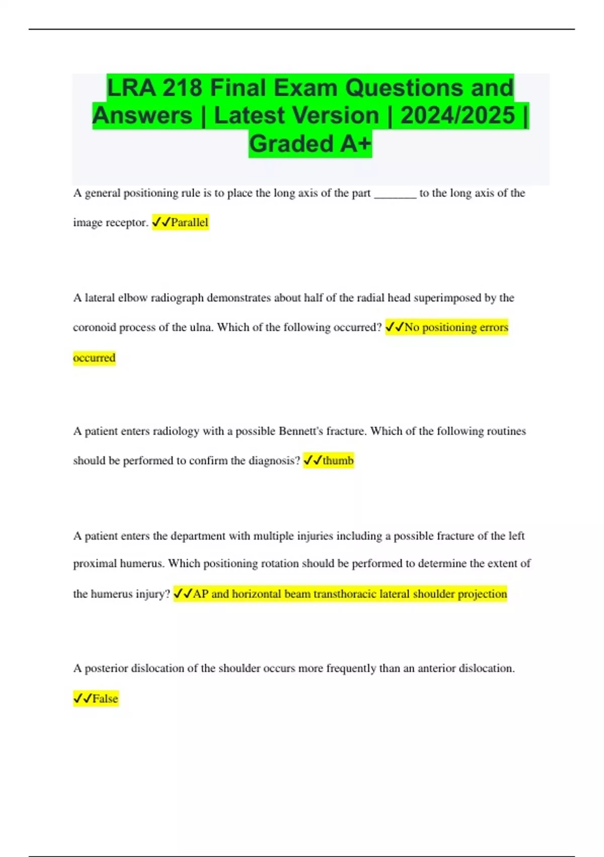 LRA 218 Final Exam Questions and Answers | Latest Version | 2024/2025 ...