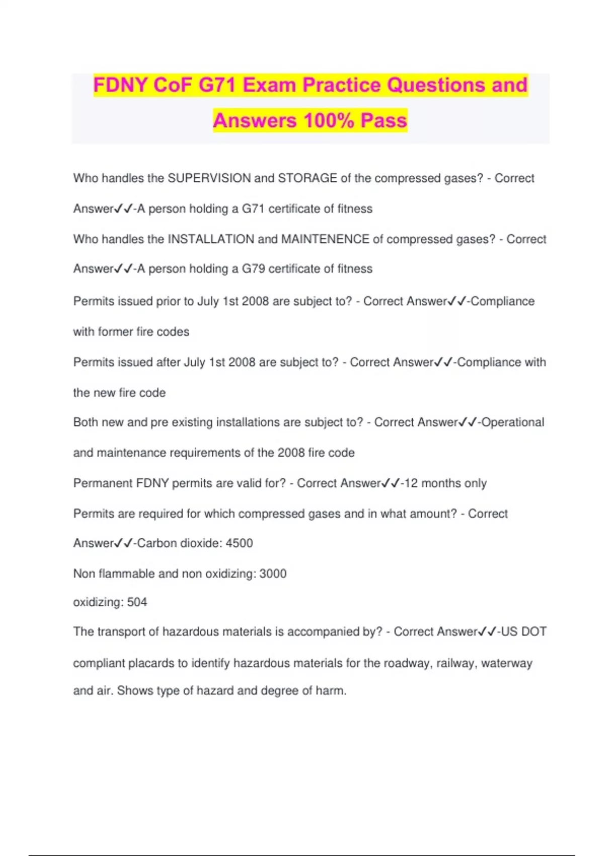 FDNY CoF G71 Exam Practice Questions and Answers 100% Pass - Top Rated ...