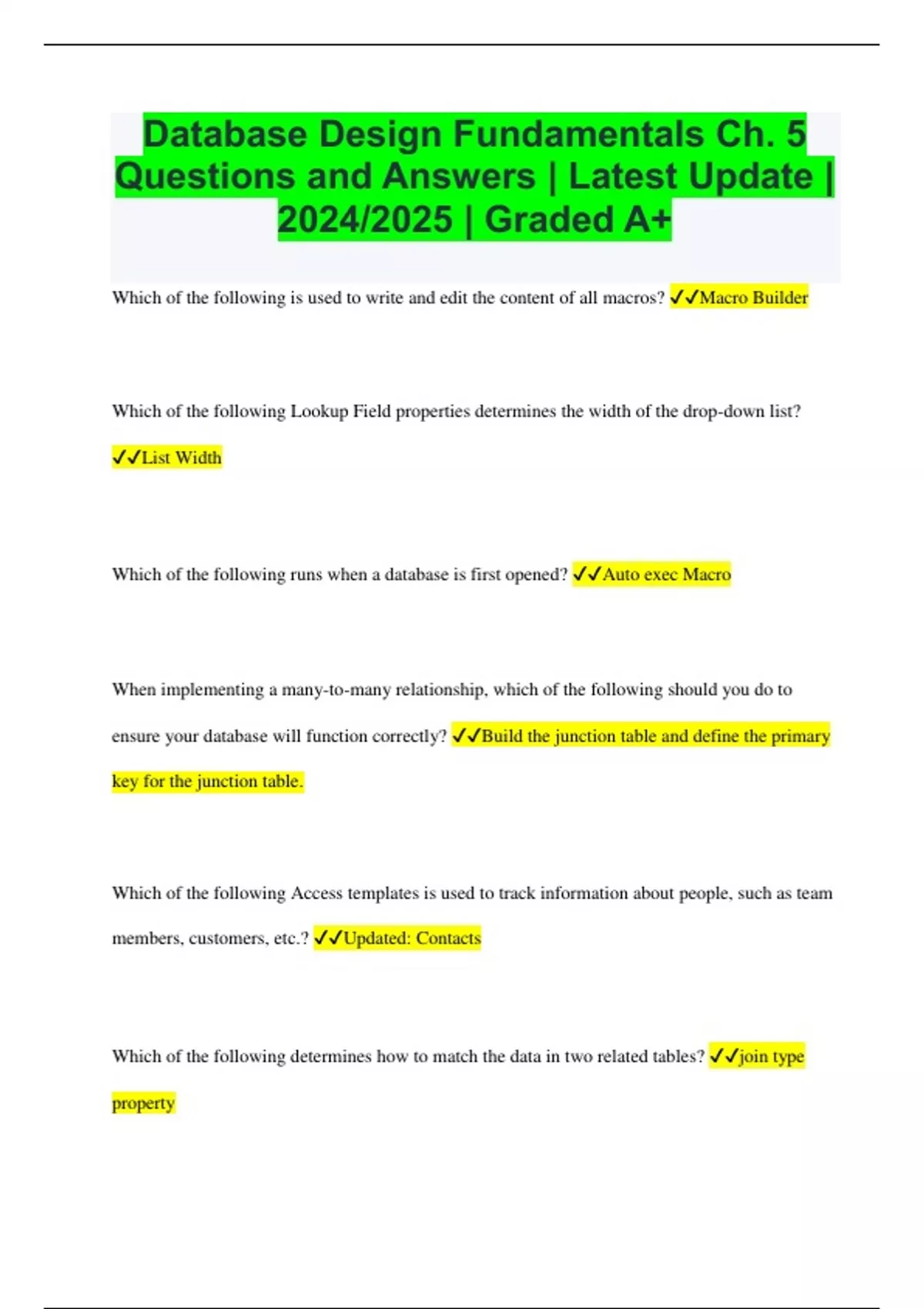 Database Design Fundamentals Ch. 5 Questions and Answers | Latest ...