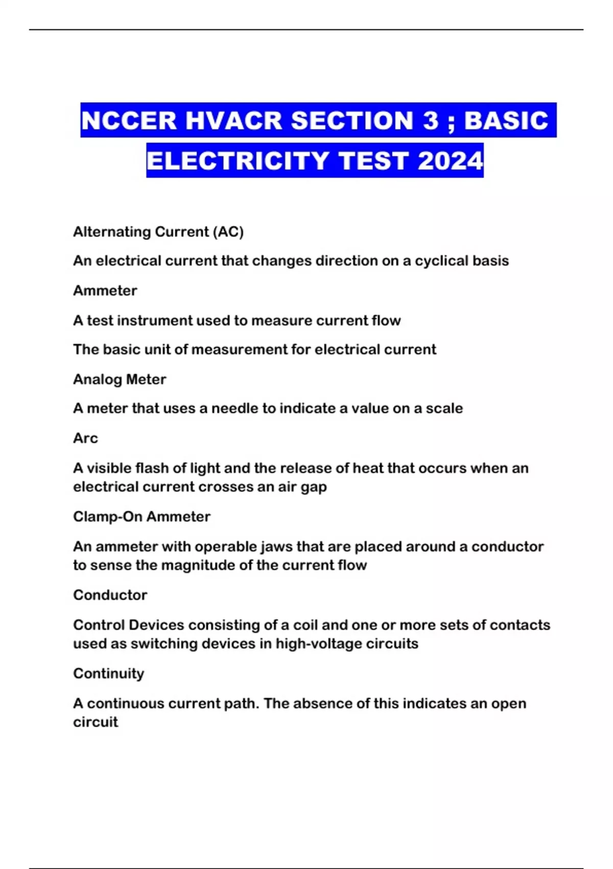 NCCER HVACR SECTION 3 ; BASIC ELECTRICITY TEST 2024 - NCCER HVACR ...