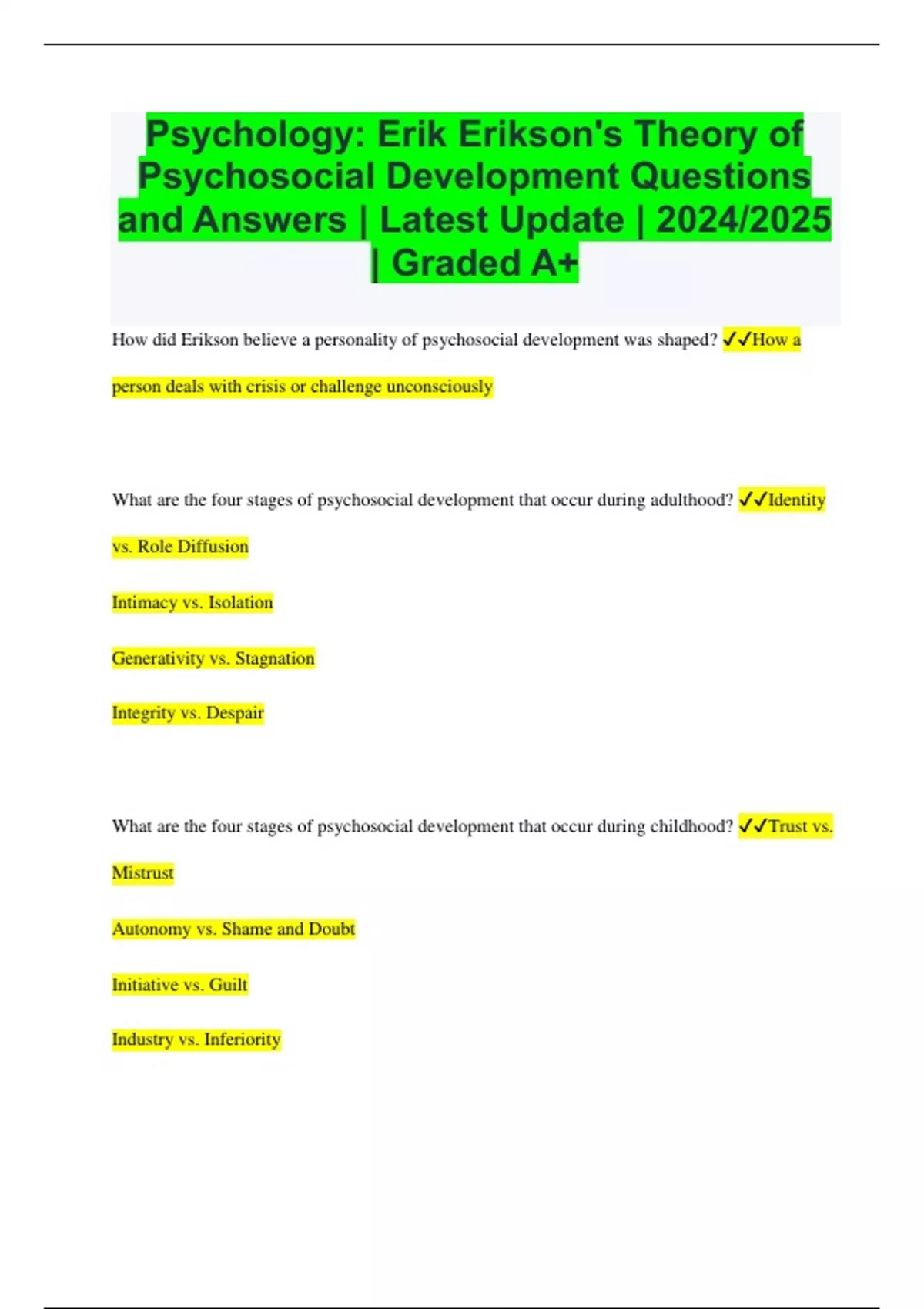 Psychology: Erik Erikson's Theory of Psychosocial Development Questions ...