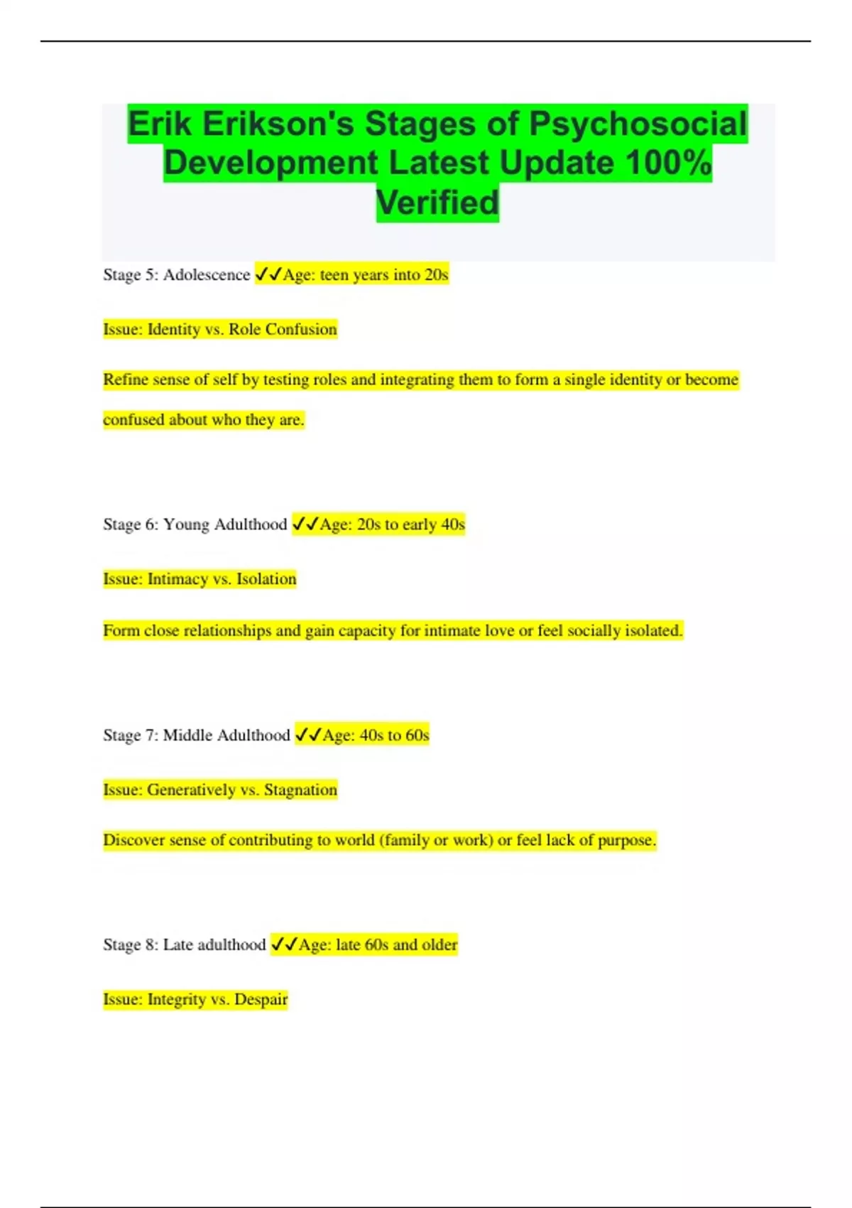 Erik Erikson's Stages of Psychosocial Development Latest Update 100% ...