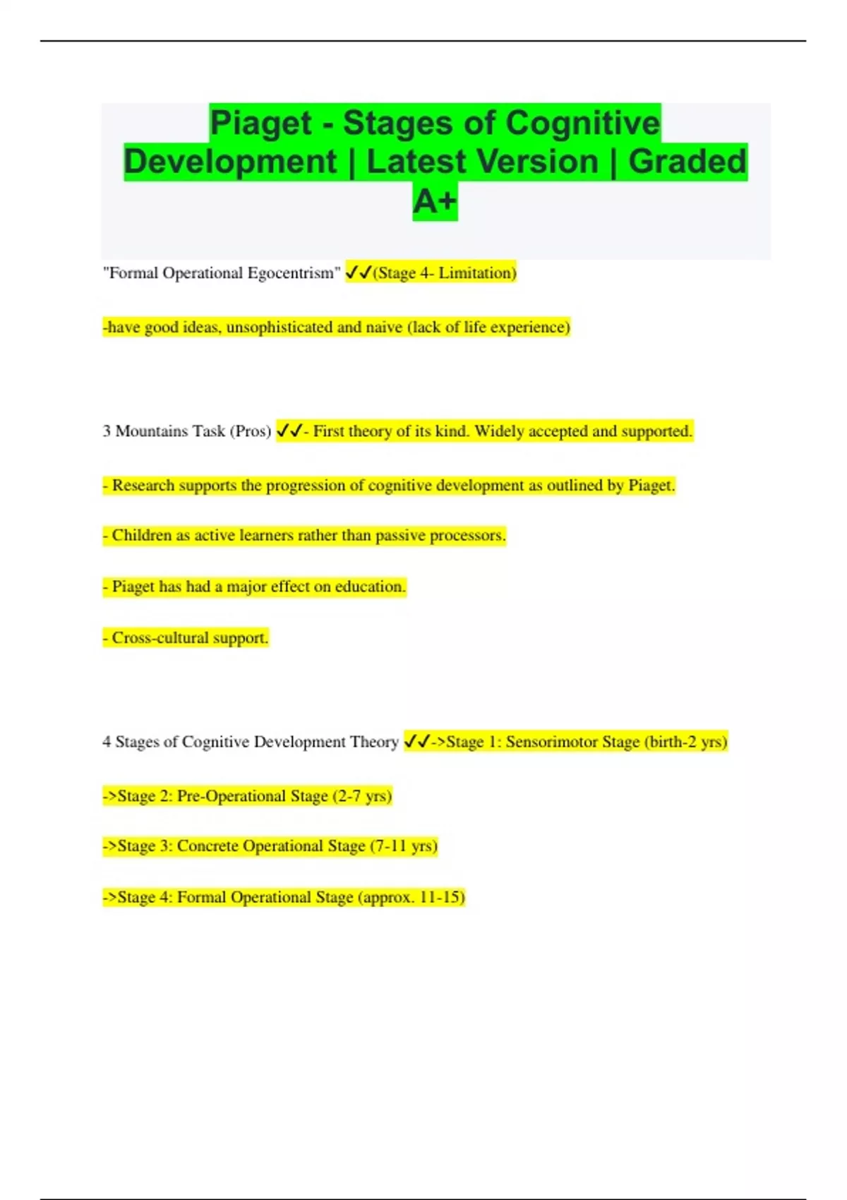 Piaget - Stages of Cognitive Development | Latest Version | Graded A+ ...