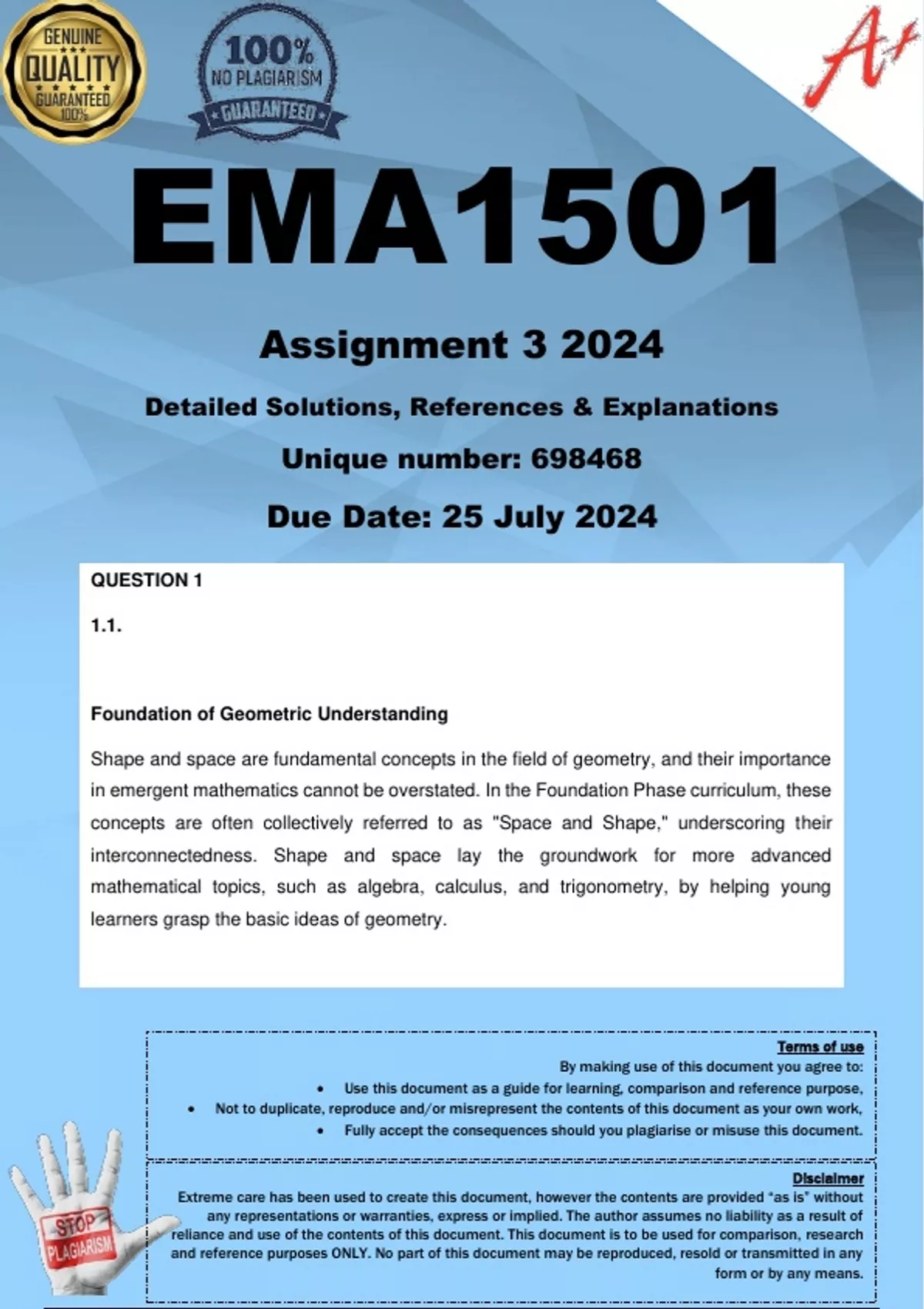 EMA1501 Assignment 3 (COMPLETE ANSWERS) 2024 (698468) - 25 July 2024 - Emergent Mathematics ...