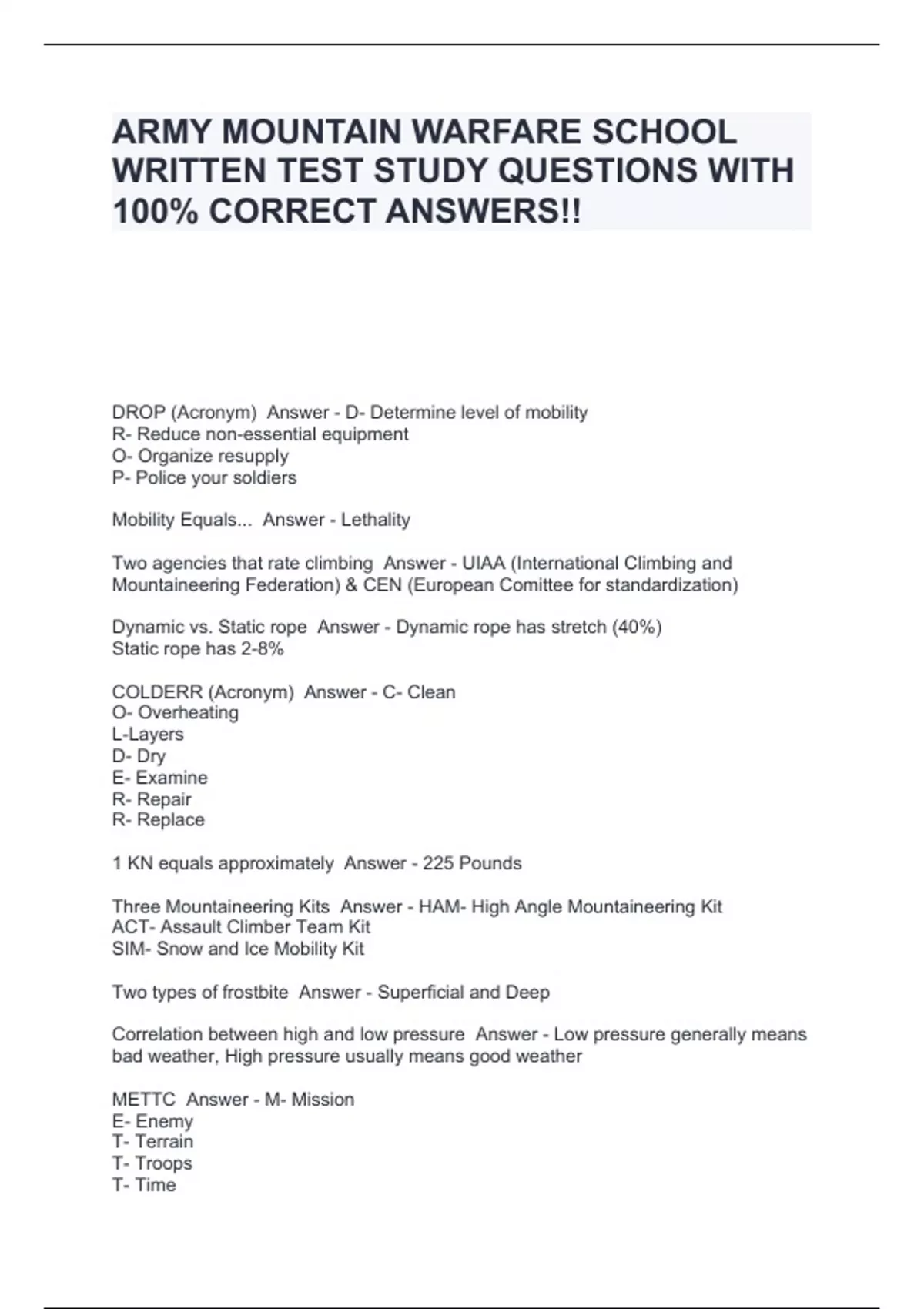 ARMY MOUNTAIN WARFARE SCHOOL WRITTEN TEST STUDY ( Important topics that ...