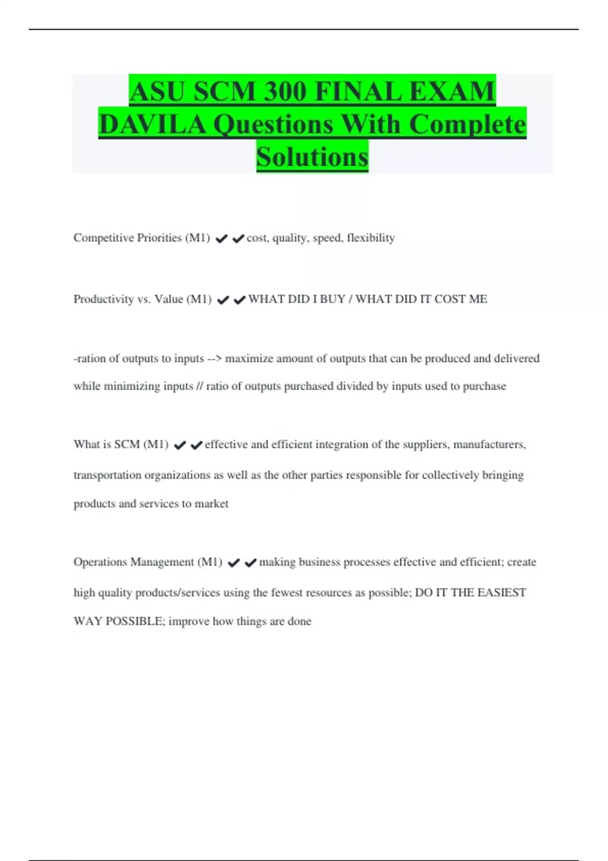 ASU SCM 300 FINAL EXAM DAVILA Questions With Complete Solutions - ASU ...