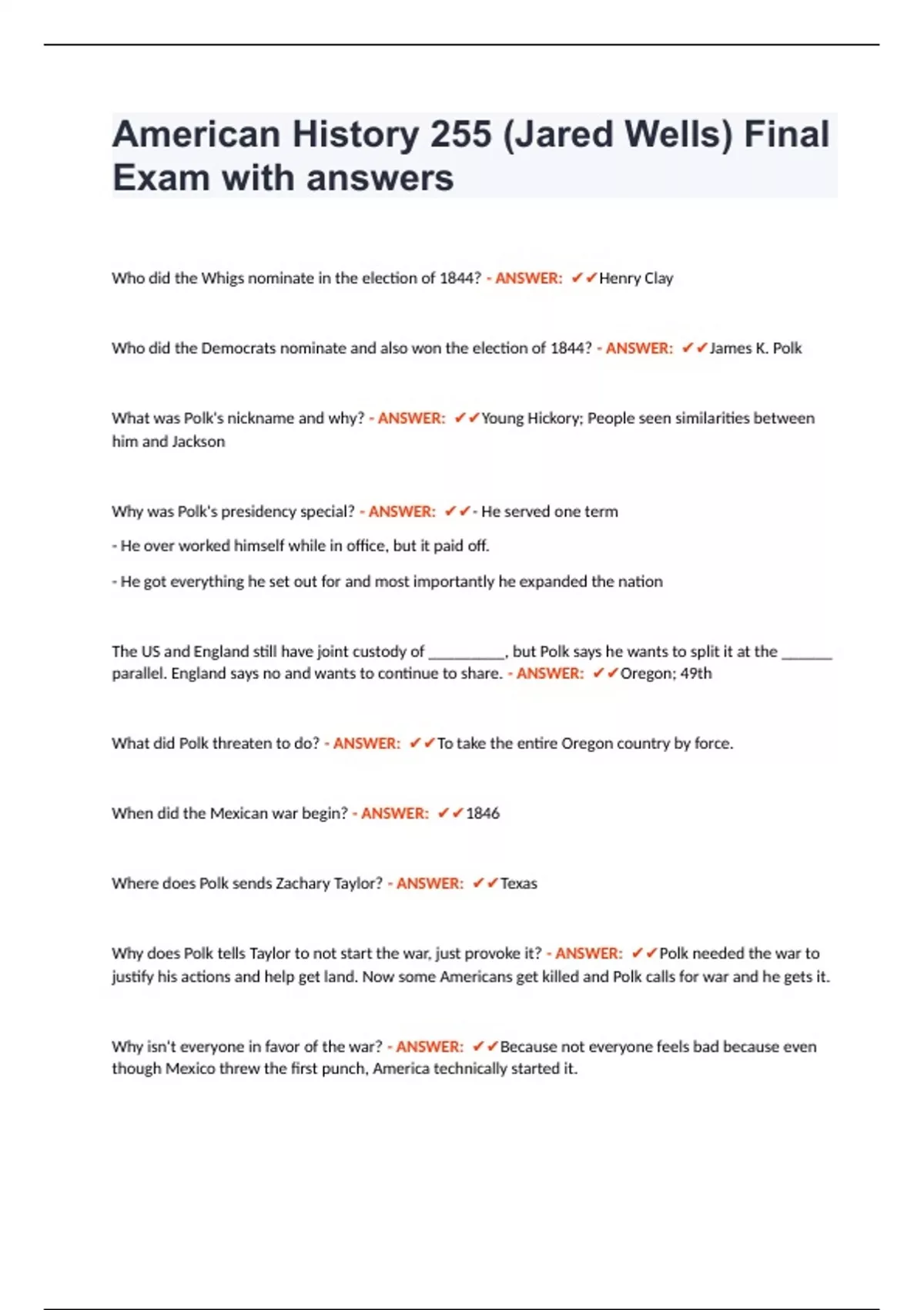 American History 255 (Jared Wells) Final Exam with answers - American ...