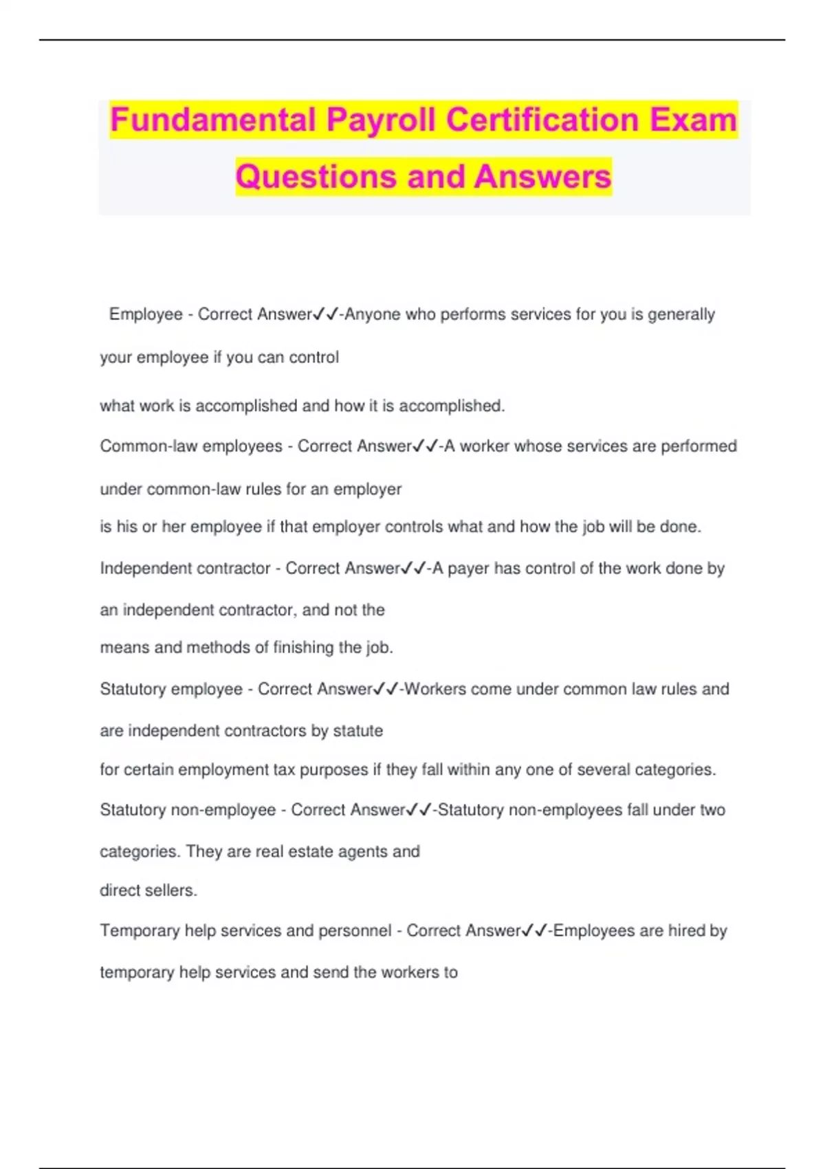 Fundamental Payroll Certification Exam Questions and Answers - FPC ...
