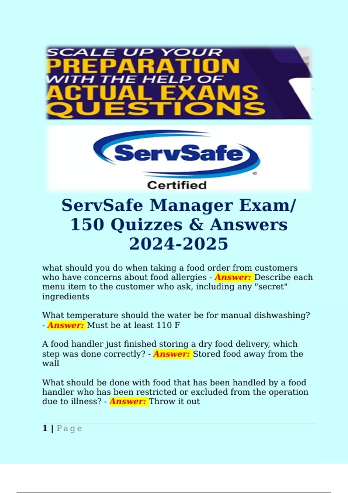 ServSafe Manager Exam/ 150 Quizzes & Answers - Servsafe Manager Course ...