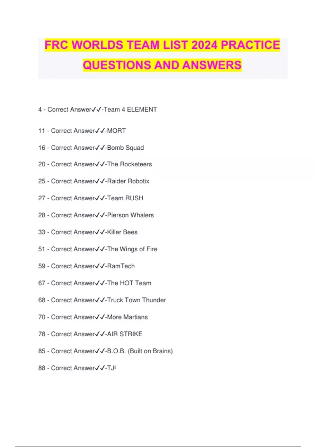 FRC WORLDS TEAM LIST 2024 PRACTICE QUESTIONS AND ANSWERS - FRC - Stuvia US