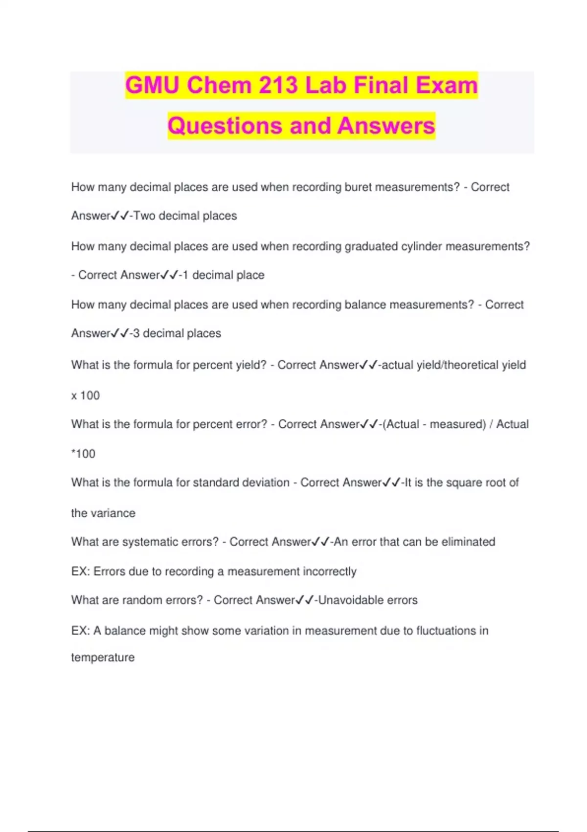 GMU Chem 213 Lab Final Exam Questions and Answers - GMU - Stuvia US