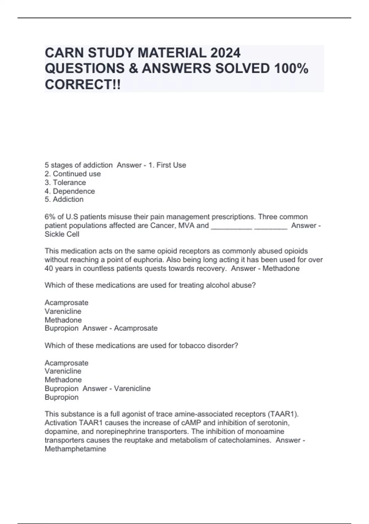 CARN STUDY MATERIAL 2024 QUESTIONS & ANSWERS SOLVED 100% CORRECT ...