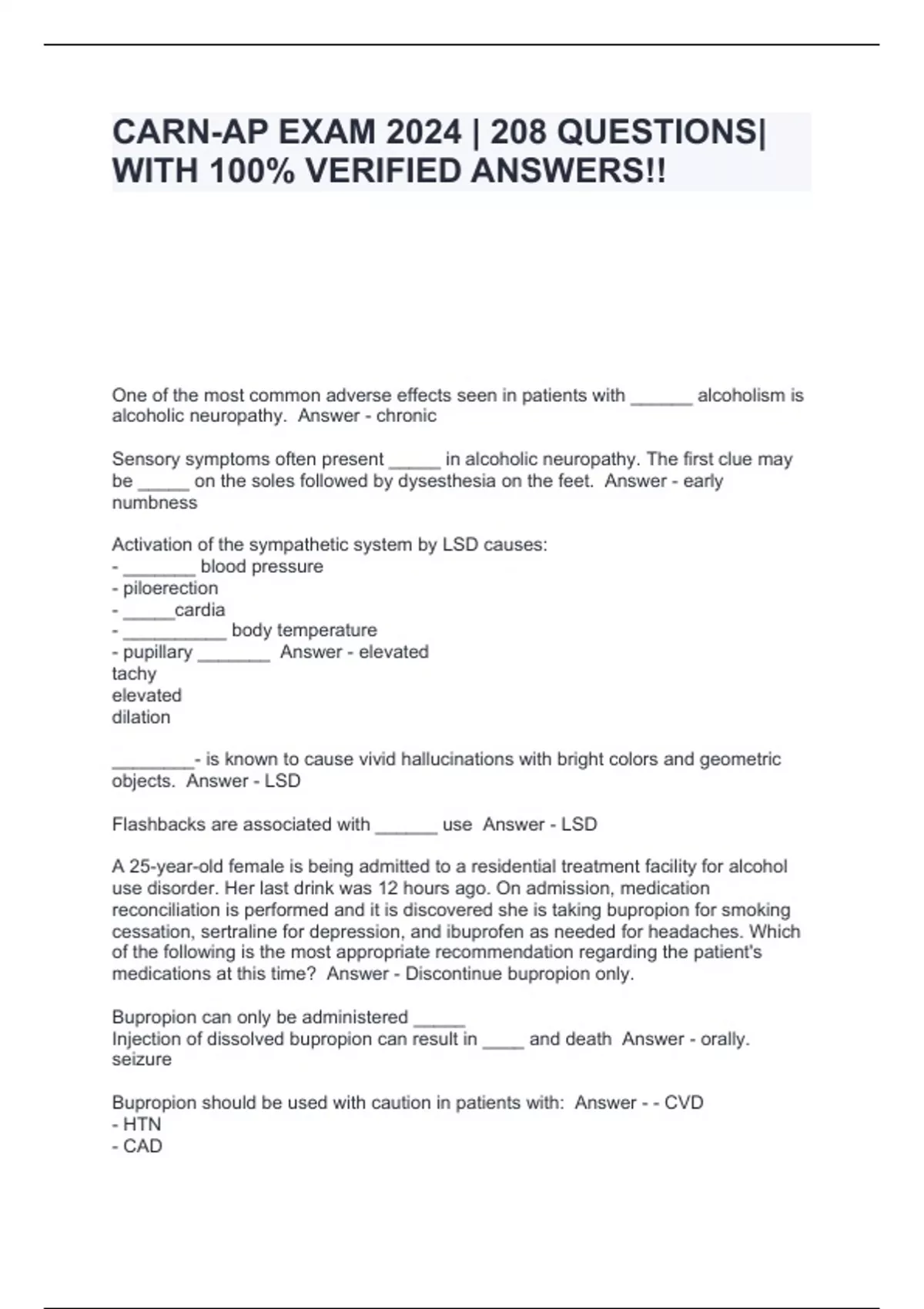 CARN-AP EXAM 2024 | 208 QUESTIONS| WITH 100% VERIFIED ANSWERS!! - CARN ...